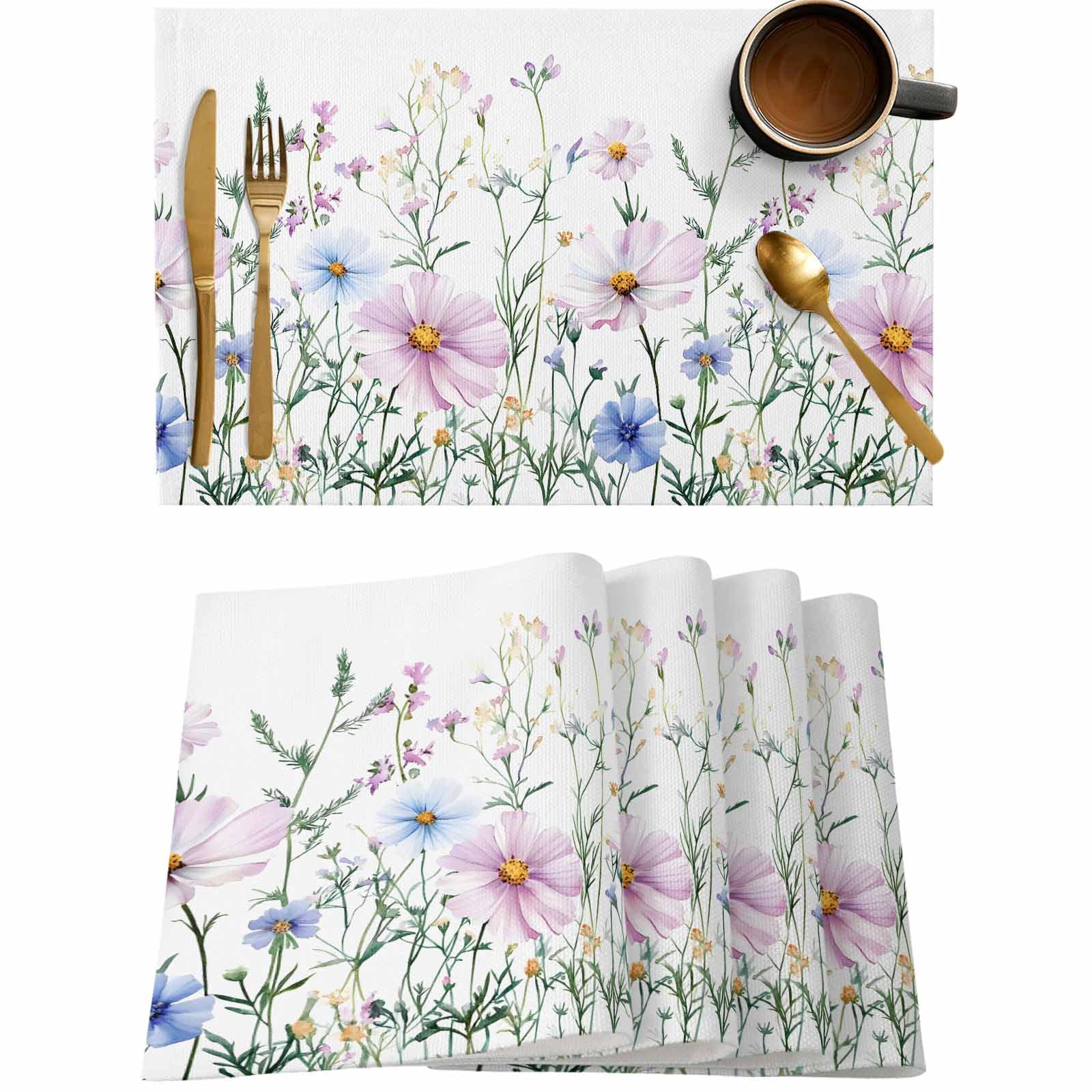 Watercolor Flower Spring Wildflowers Herb Placemats Set of 4,Wipeable ...