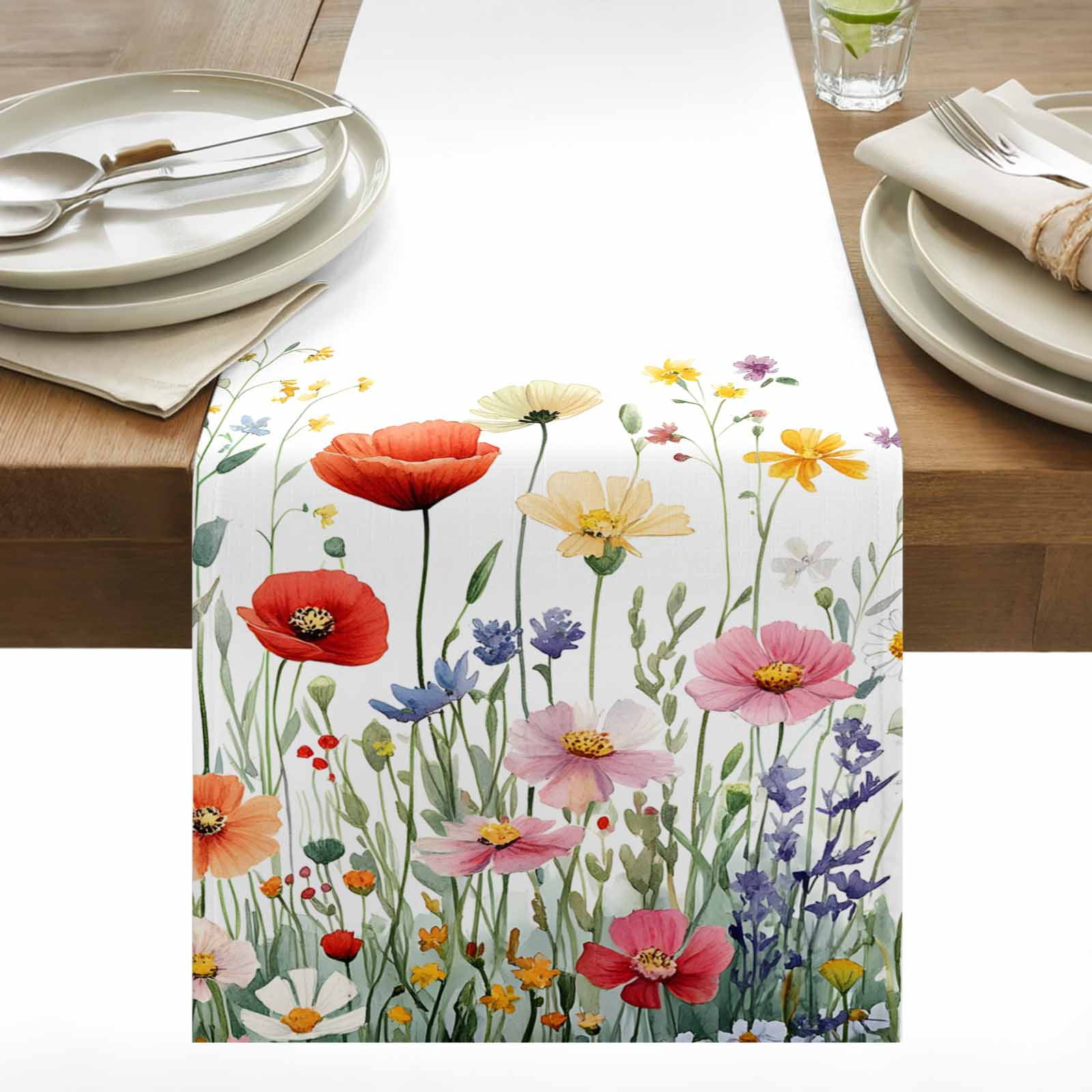 Watercolor Flower Table Runner 13x120 inch Spring Wildflower Leaf Pink ...