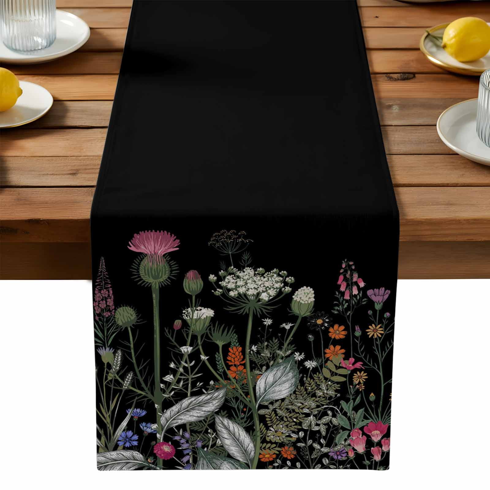 Watercolor Flower Table Runner, Pink Flowers Black Background Country ...