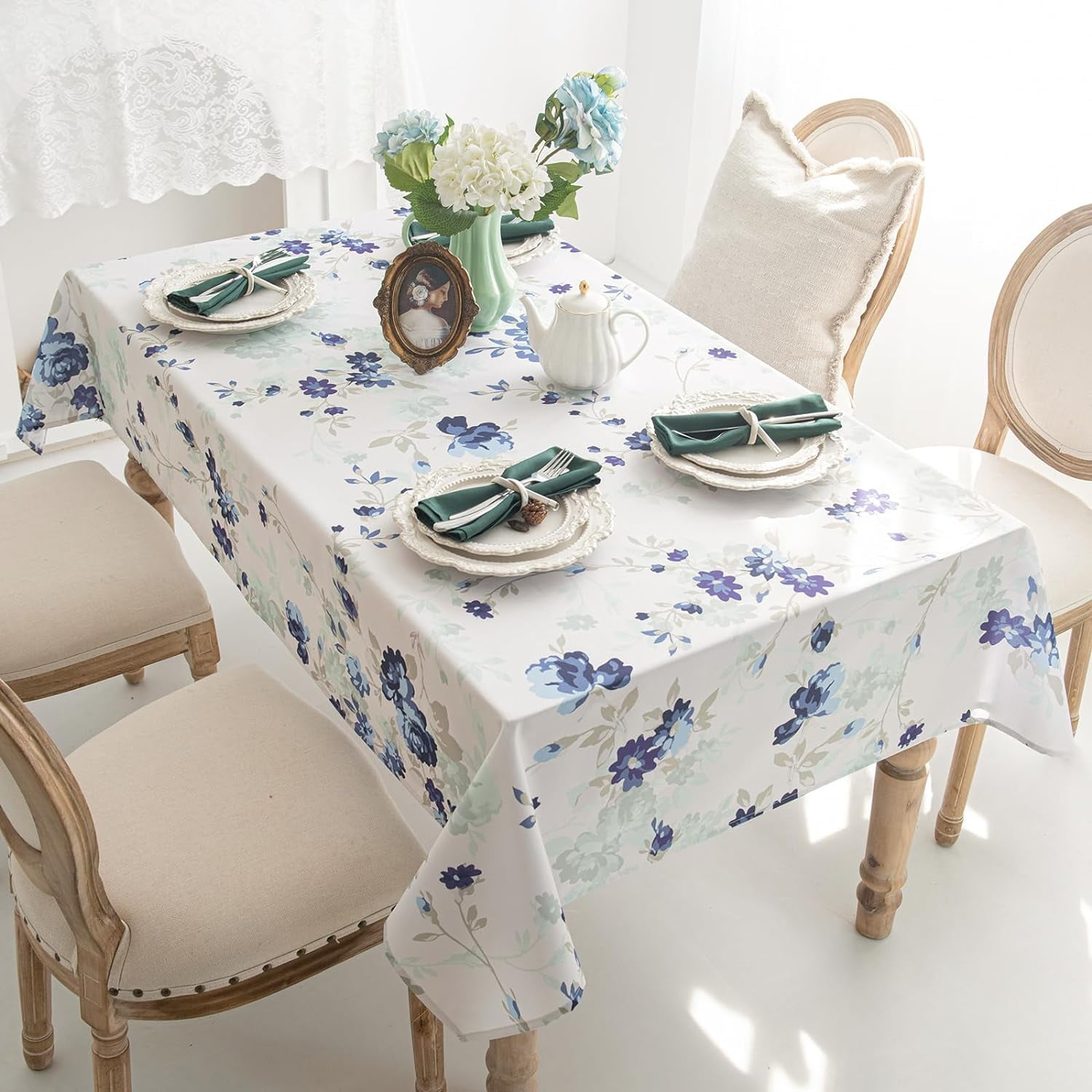 Watercolor Flower Tablecloth,Blue Floral Washable Table Cloth for ...