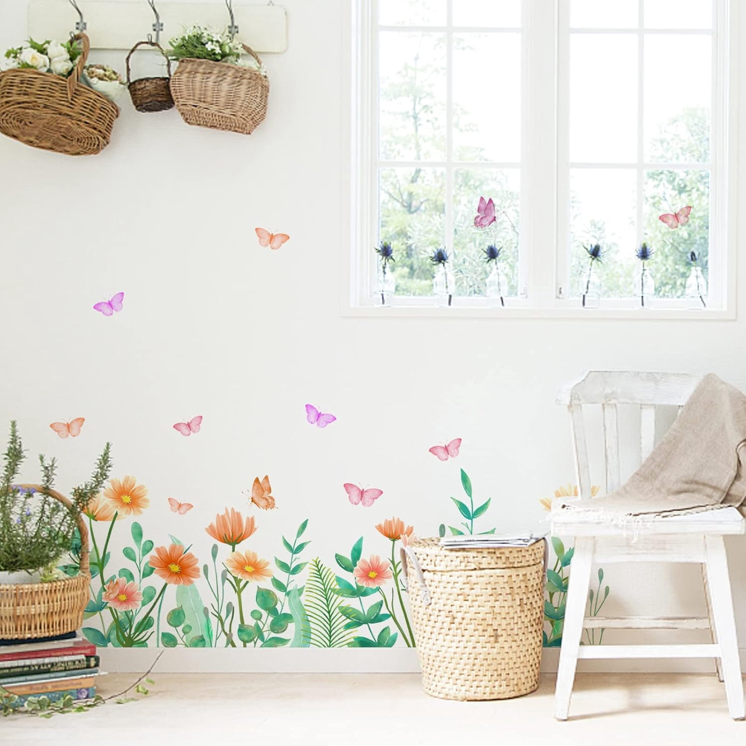 Watercolor Flowering Shrubs Wall Sticker Tropical Leaves Decor with ...