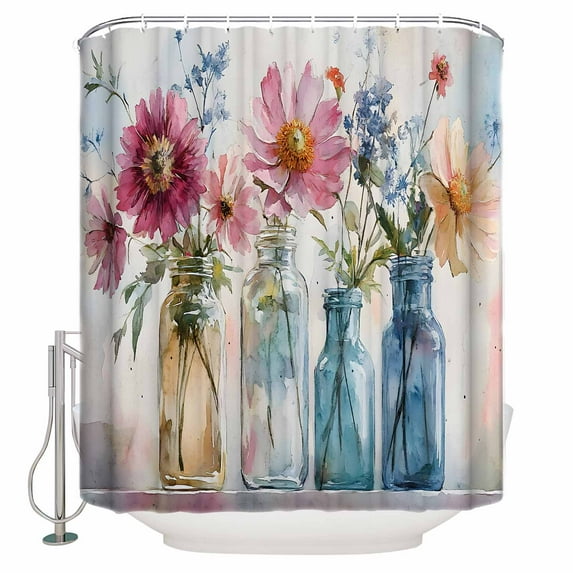 Watercolor Flowers Bathroom Shower Curtains with 12 Hooks Polyester ...