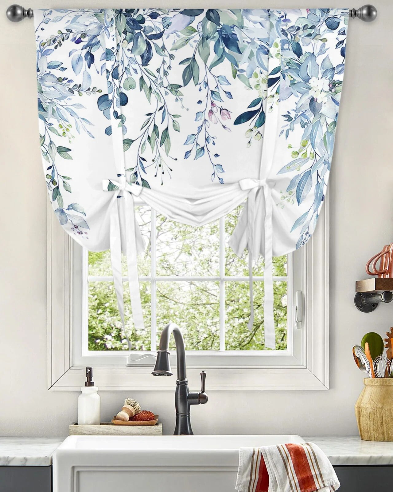 Watercolor Flowers Blue Leaves Window Curtain for Living Room Home Decor Blinds Drapes Kitchen ...