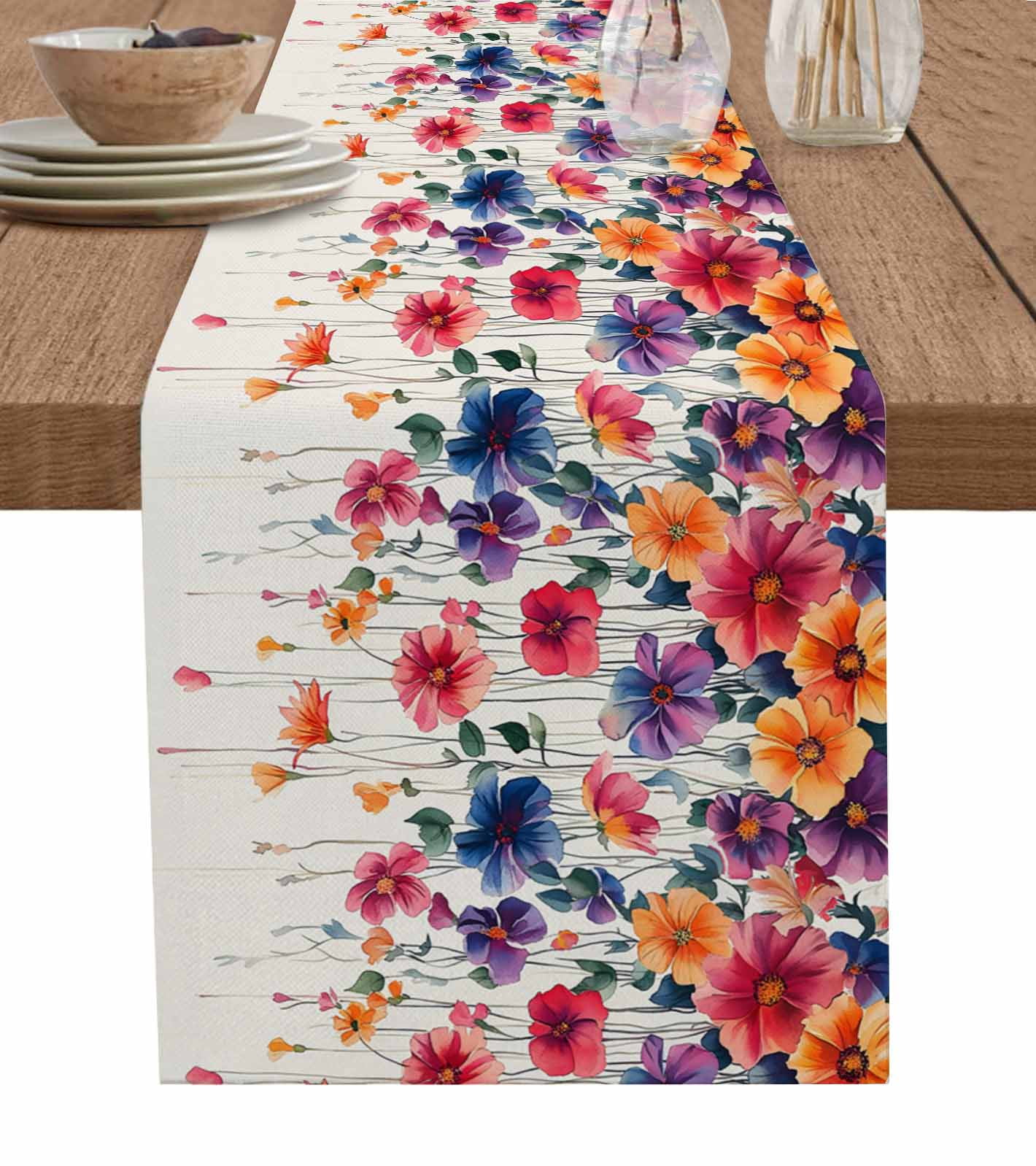 Watercolor Flowers Burlap Cotton Table Runner 13x48 Inches Long ...