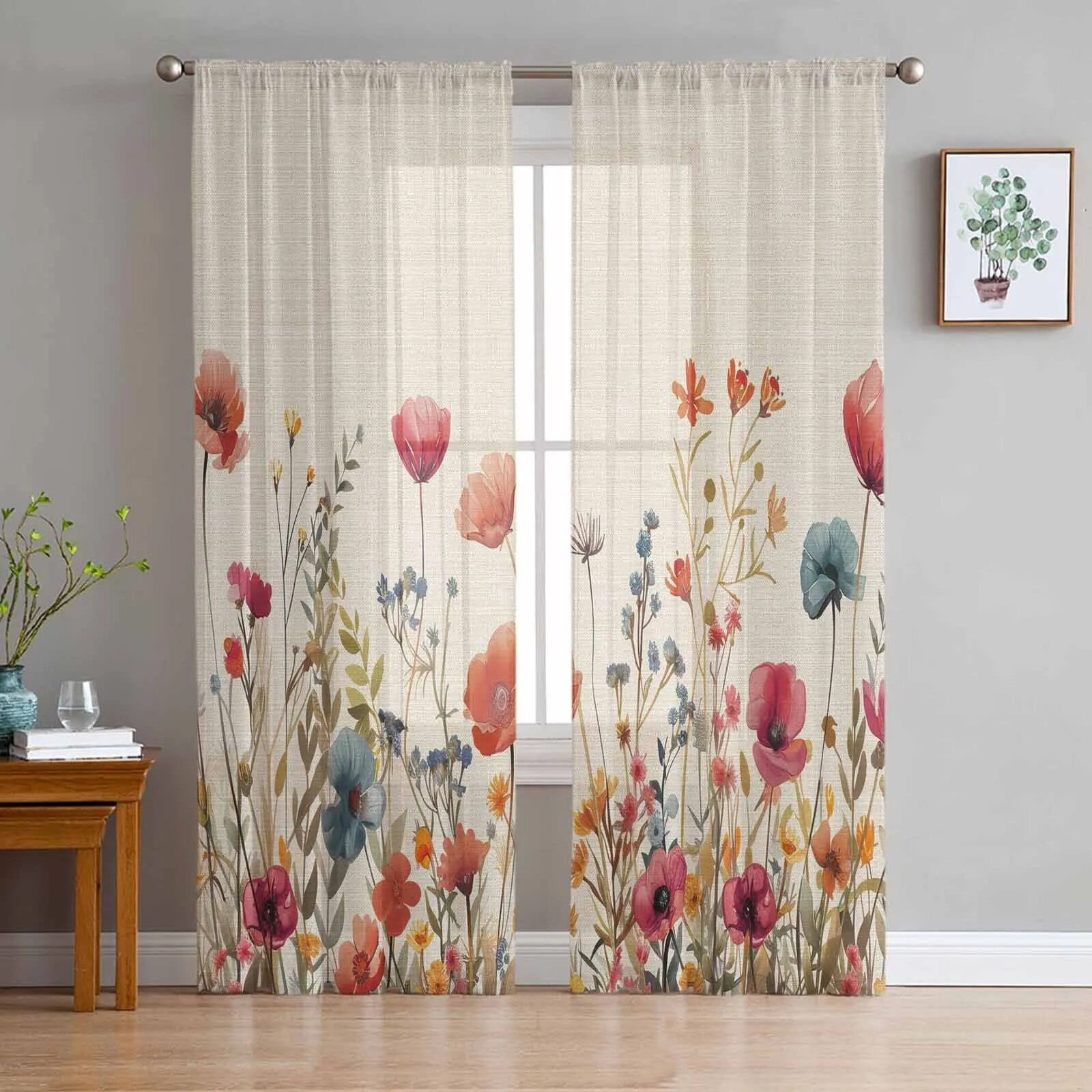 Watercolor Flowers Chrysanthemum Tulle Curtains for Living Room Bedroom ...
