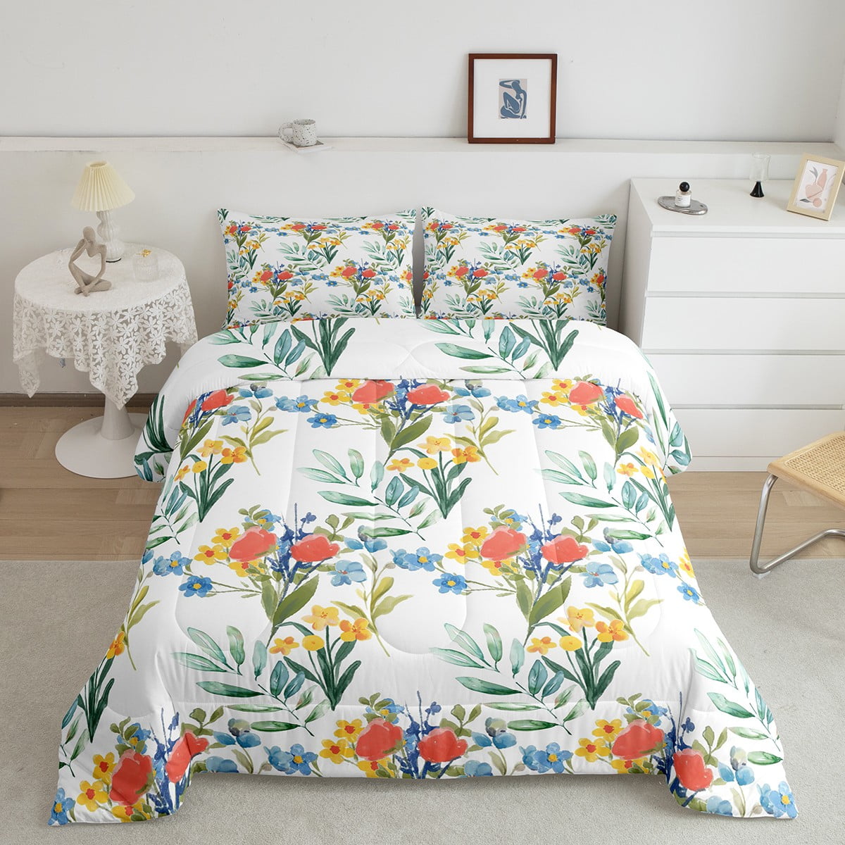 Watercolor Flowers Comforter Set,Rustic Botanical Plants Leaves ...