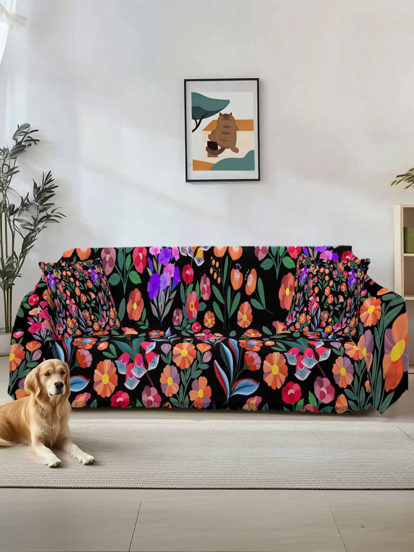 Watercolor Flowers Couch Cover, Retro Spring Floral Botanical Leaves ...