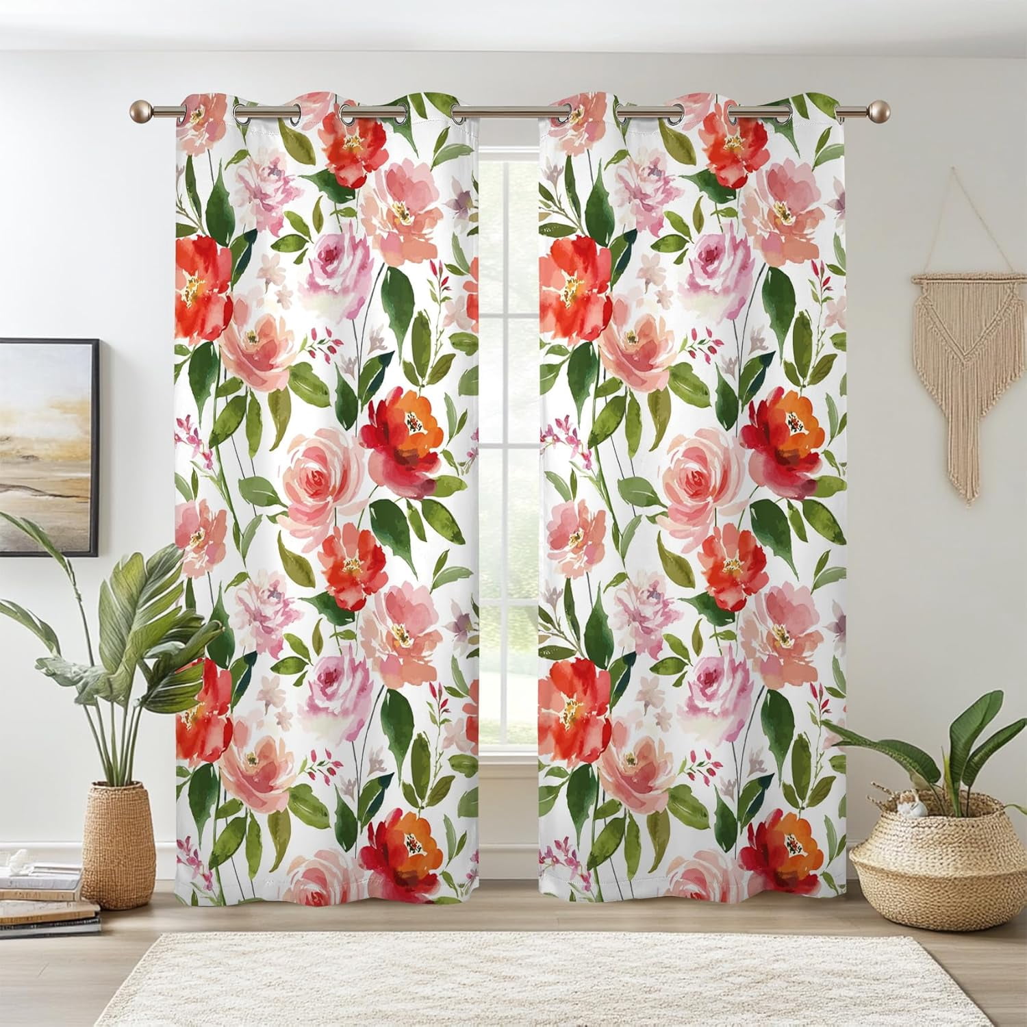 Watercolor Flowers Curtains Rose Peony Floral Print Blackout Window