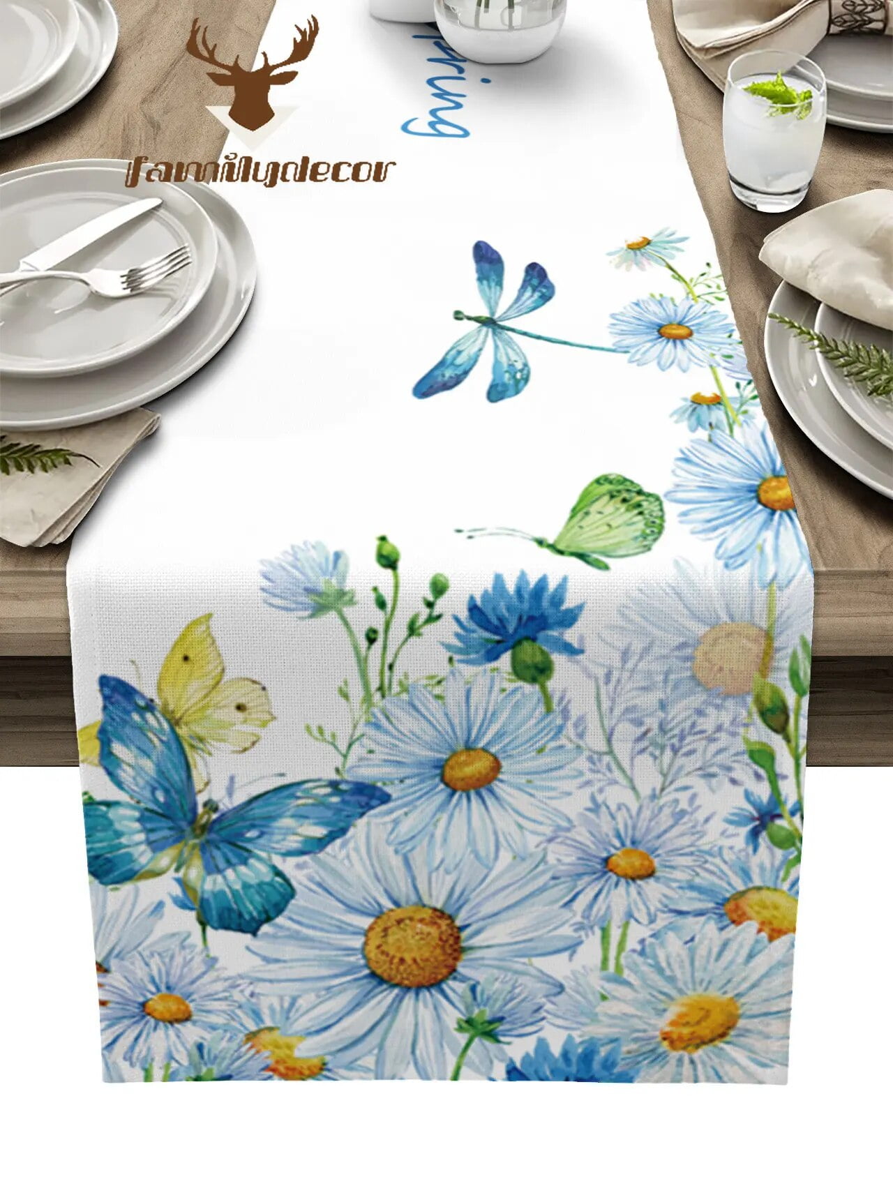Watercolor Flowers Daisy Butterfly Table Runner Home Wedding Table Flag ...