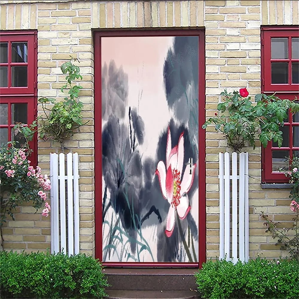 D Watercolor Flowers Door Stickers Colorful Floral Mural Sticker Self ...