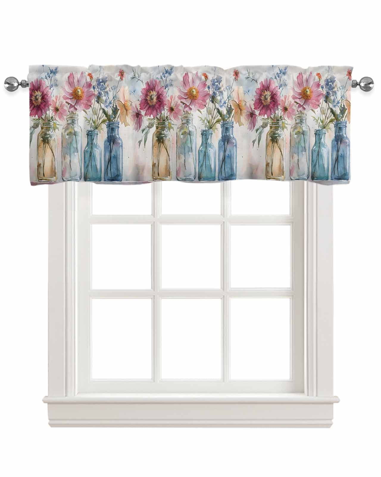 Watercolor Flowers Kitchen Valances for Windows Farmhouse Linen Window ...