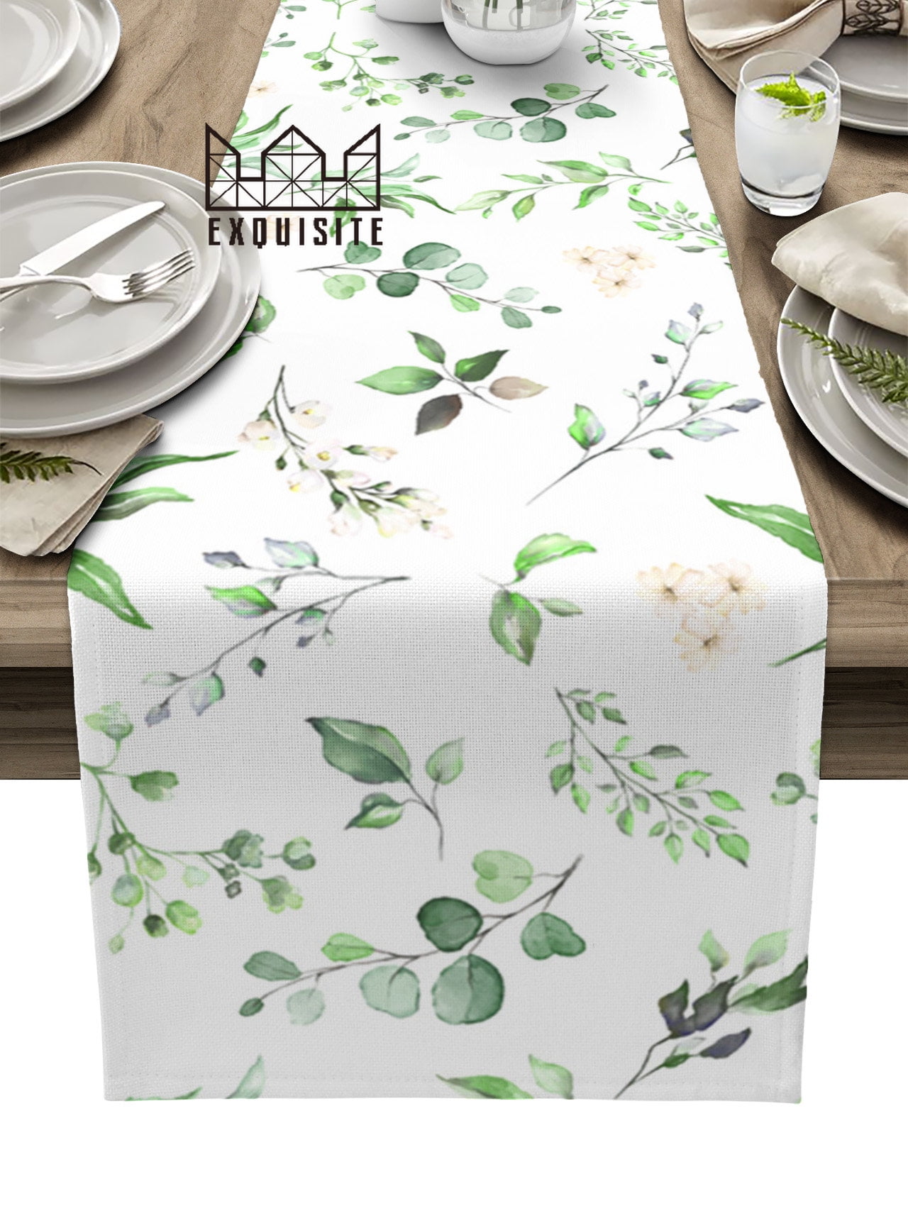 Watercolor Flowers Leaves Green Vintage Farmhouse Style Table Runner ...