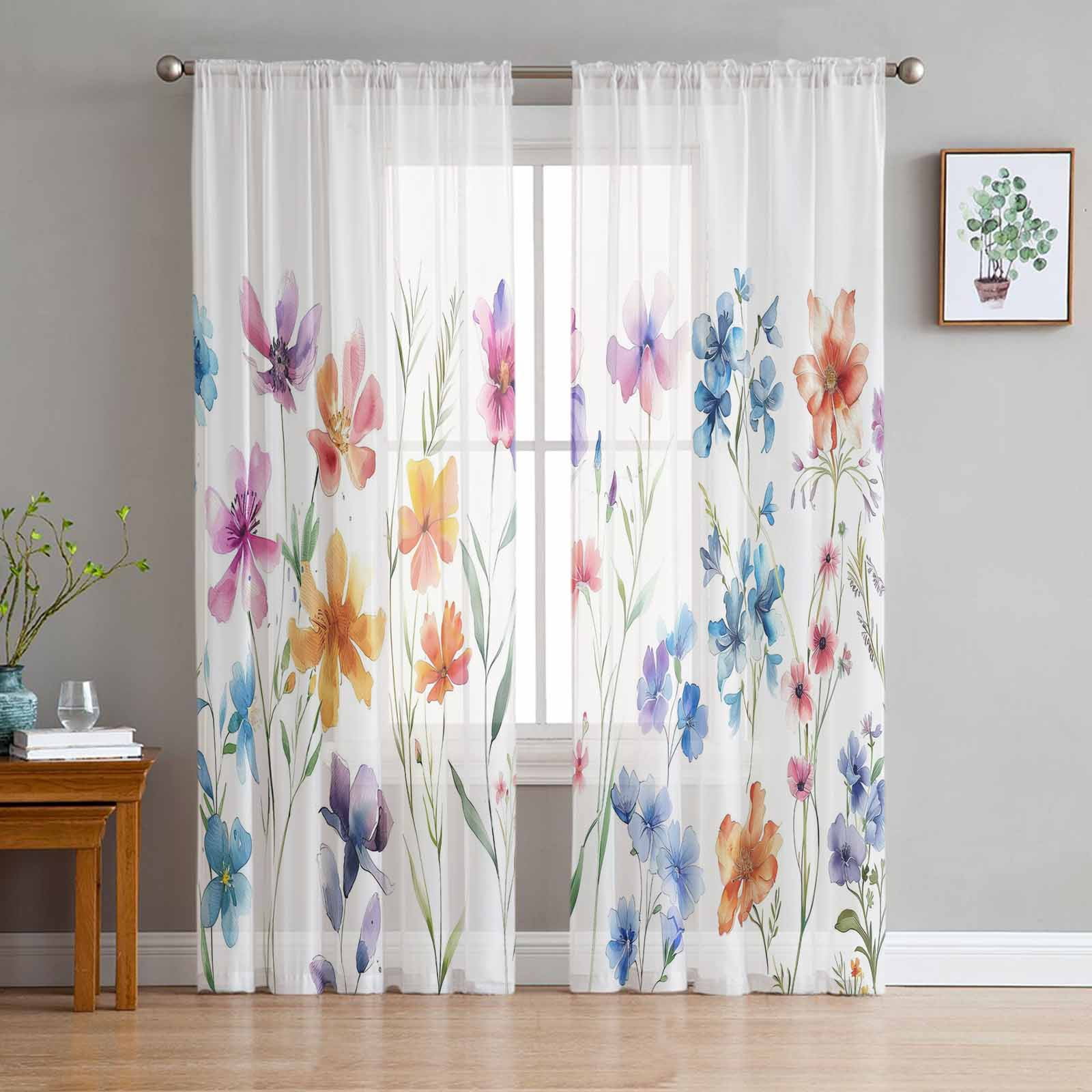 Watercolor Flowers Leaves Sheer Tulle Curtains for Living Room Valance ...