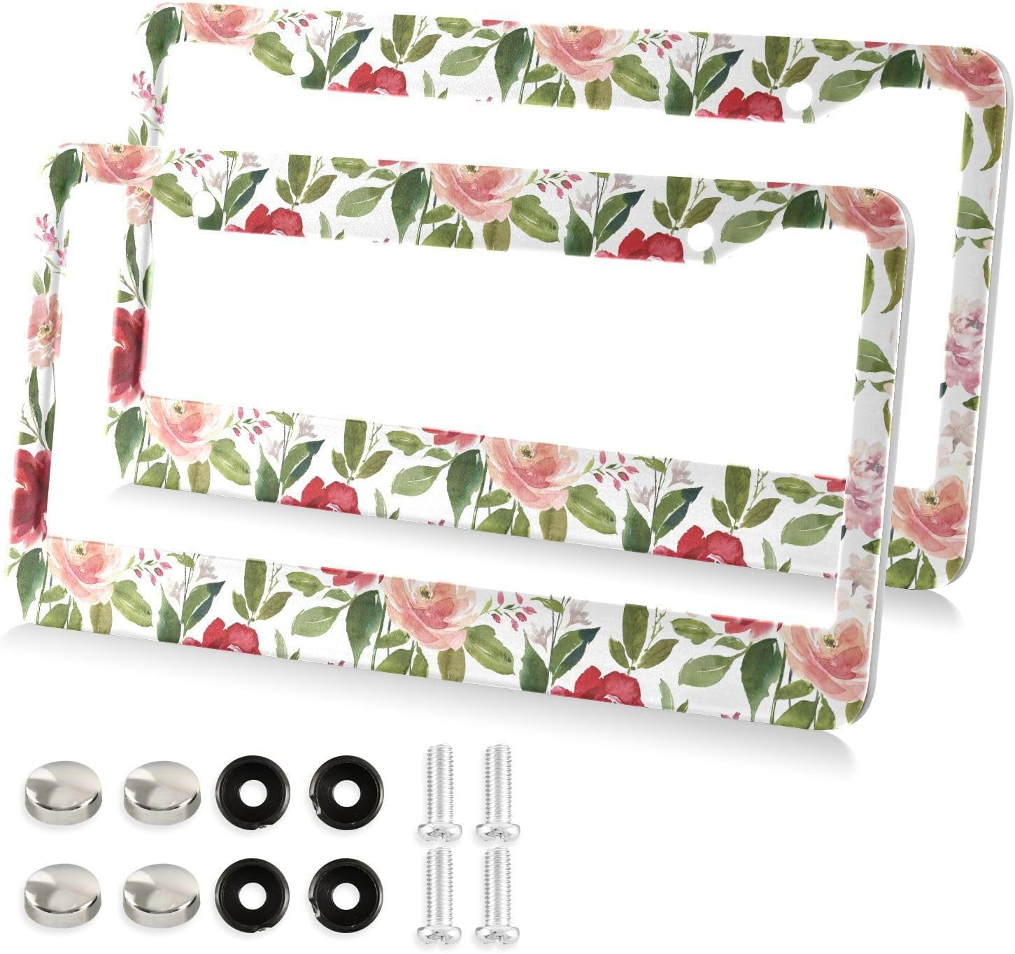 Watercolor Flowers License Plate Frame, Aluminum Car Tag Frames, 2 Pack ...