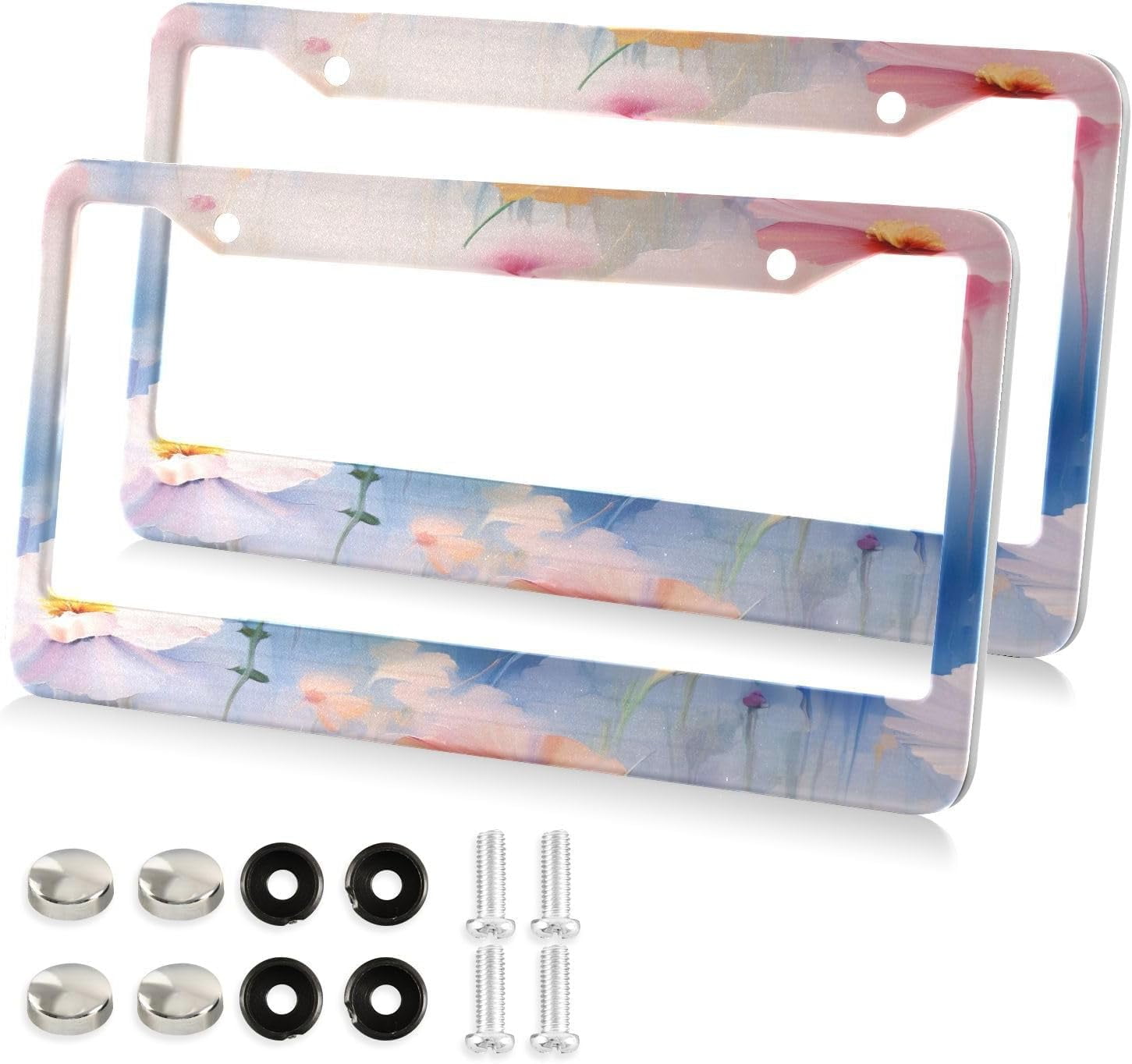 Watercolor Flowers License Plate Frame, Aluminum Car Tag Frames, 2 Pack ...
