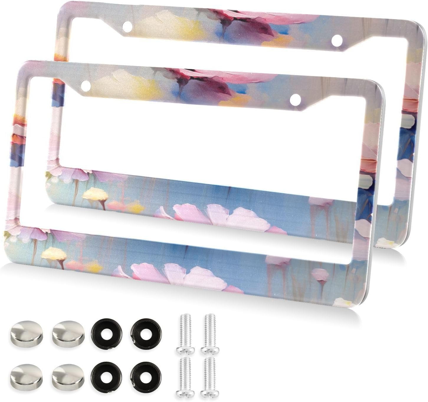 Watercolor Flowers License Plate Frame, Aluminum Car Tag Frames, 2 Pack ...