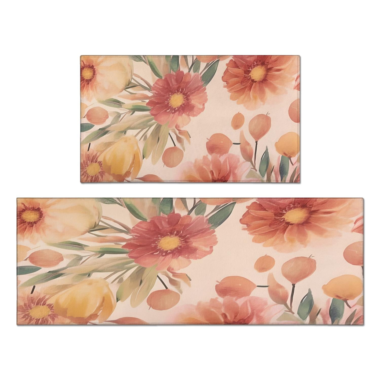Watercolor Flowers Pink Cute Farmhouse Kitchen Rug Set Of 2 Cushioned ...