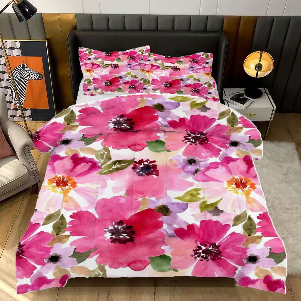 Watercolor Flowers Pink Fuchsia Comforter Set Queen Size Bedding Set ...