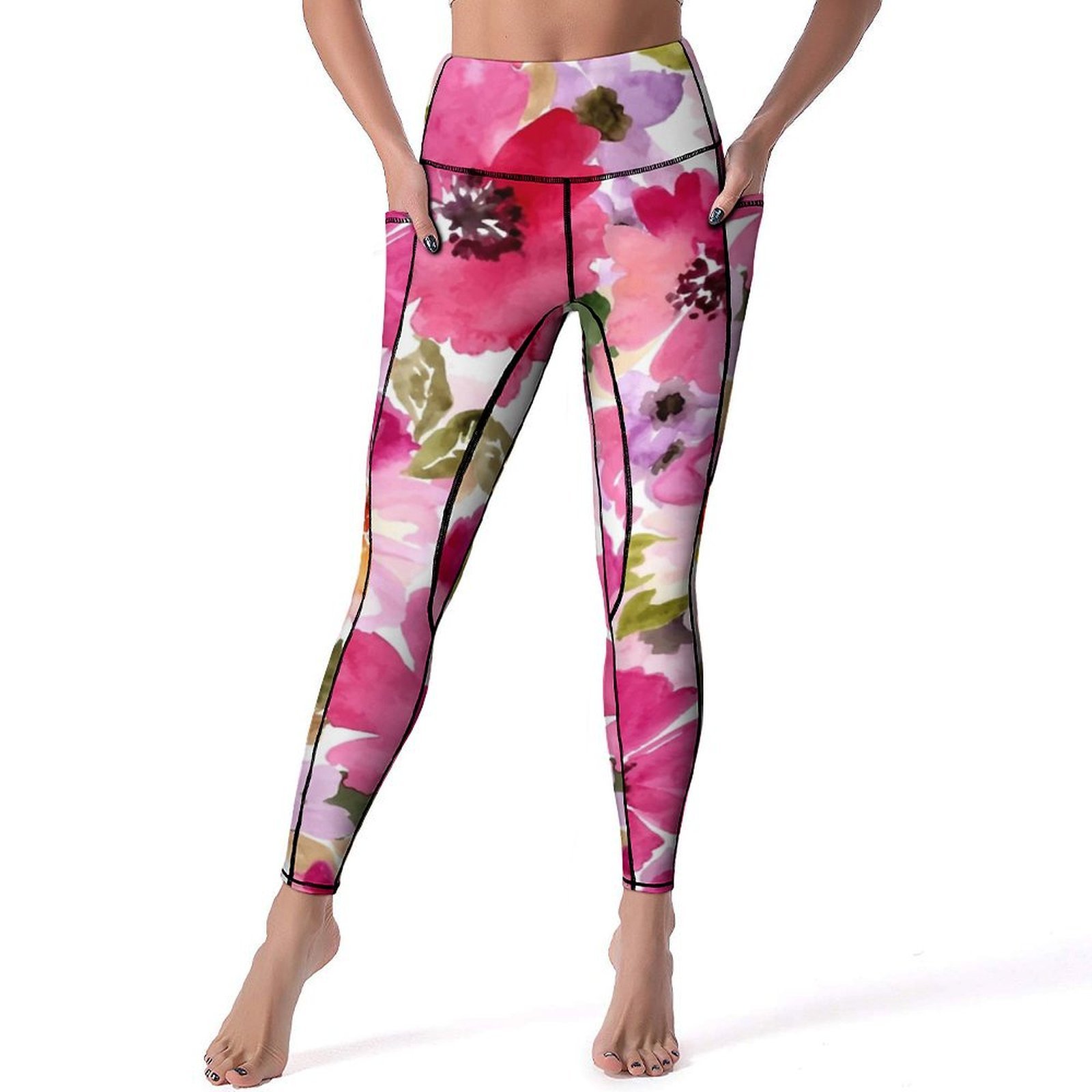 Watercolor Flowers Pink Fuchsia Leggings Gym Wear Gym Sportswear Woman ...