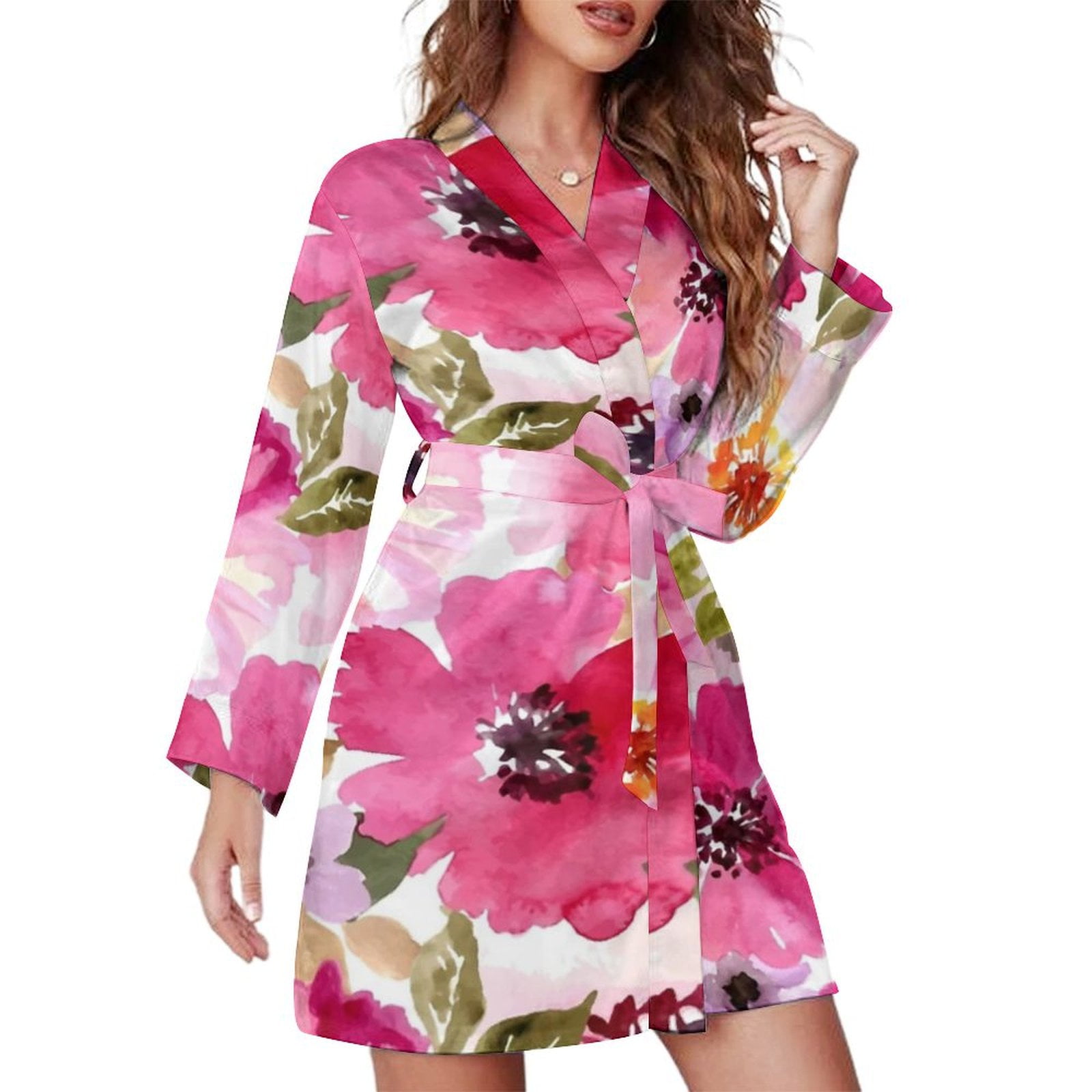 Watercolor Flowers Pink Fuchsia Night Robe Long Sleeve V Neck Robe With ...