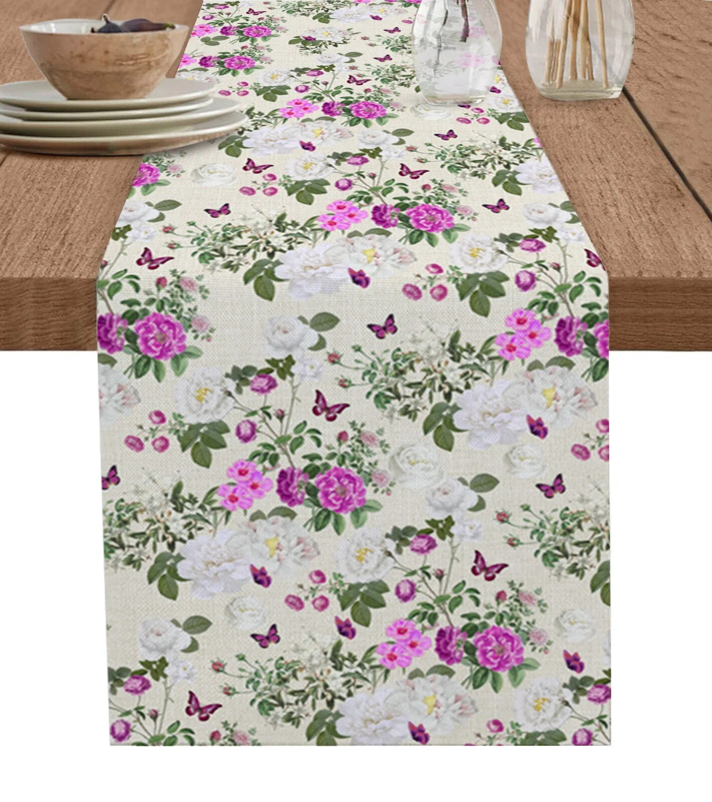 Watercolor Flowers Plant Leaves Linen Table Runner Kitchen Table ration ...