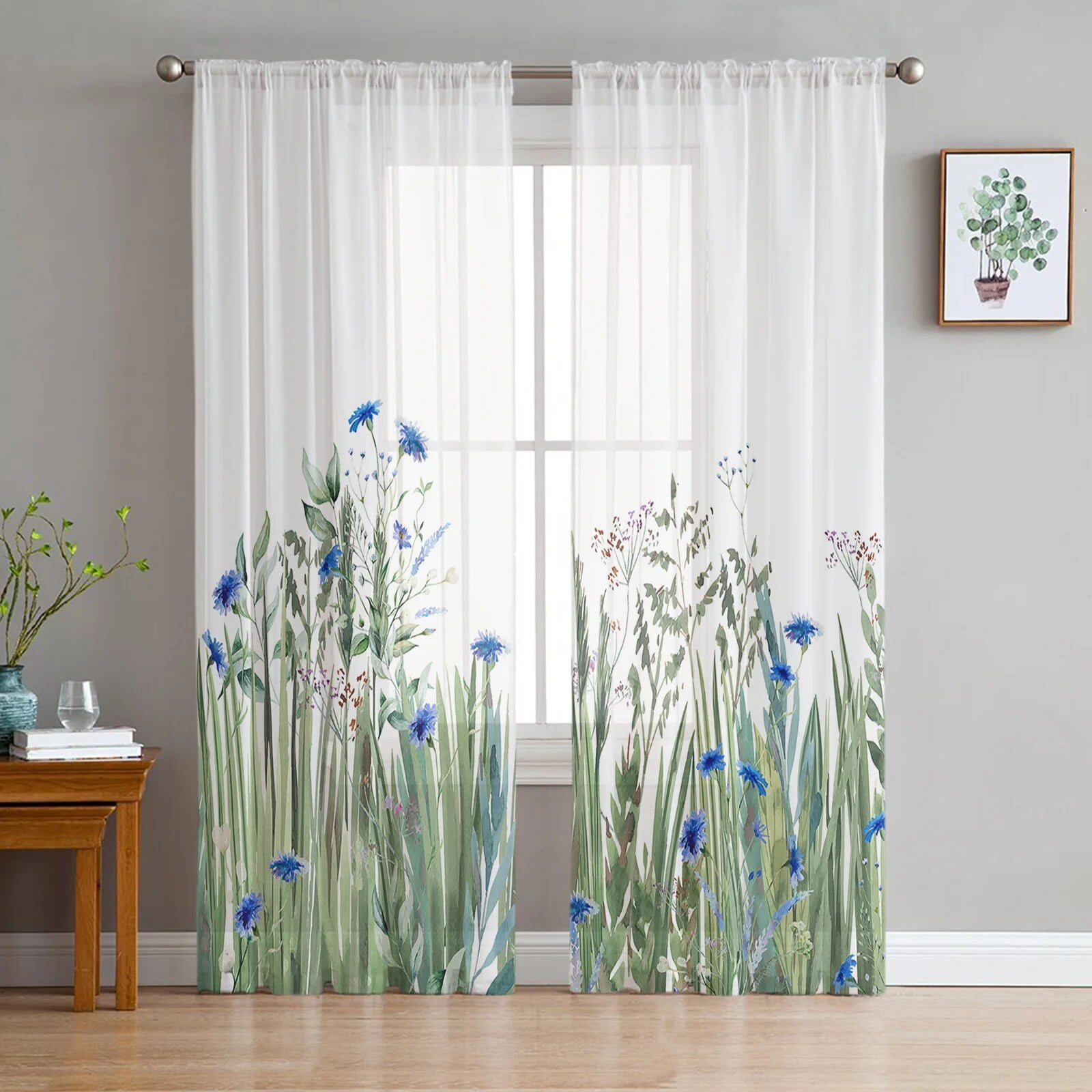 Watercolor Flowers Plants Blue-Green Leaves Tulle Drapes for Living ...