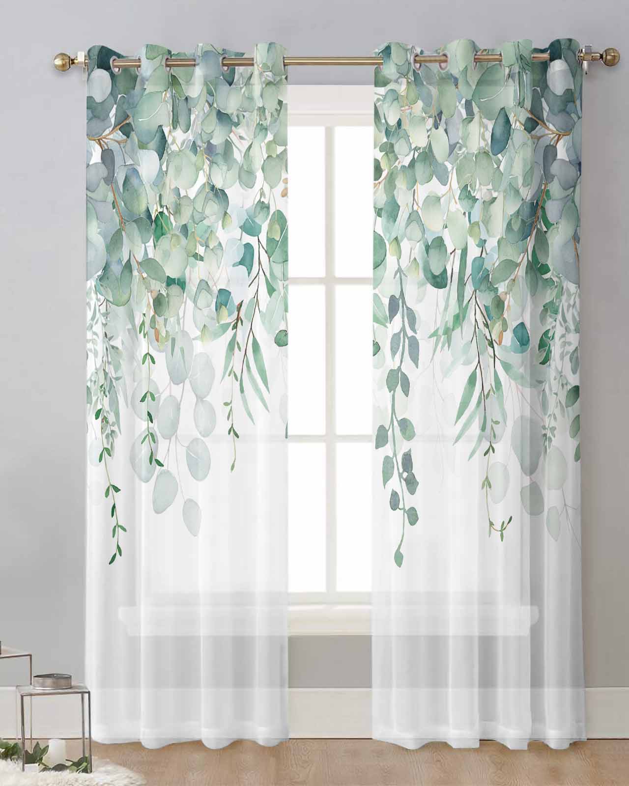 Watercolor Flowers Plants Leaves Blue Tulle Curtains Living Room ...
