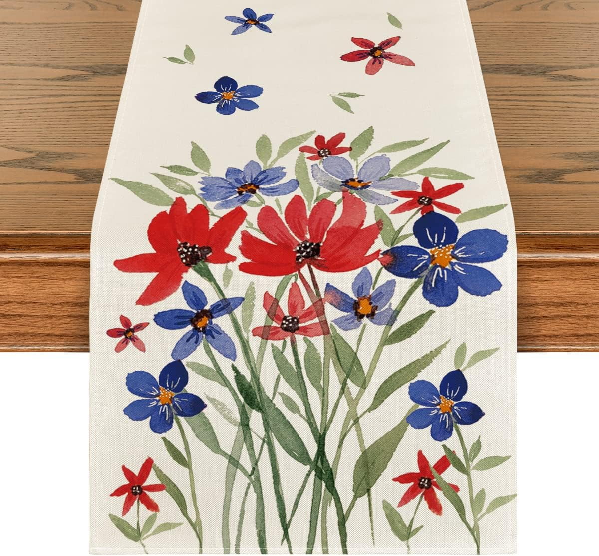 Watercolor Flowers Poppy Eucalyptus Table Runner, 4th of July Patriotic ...