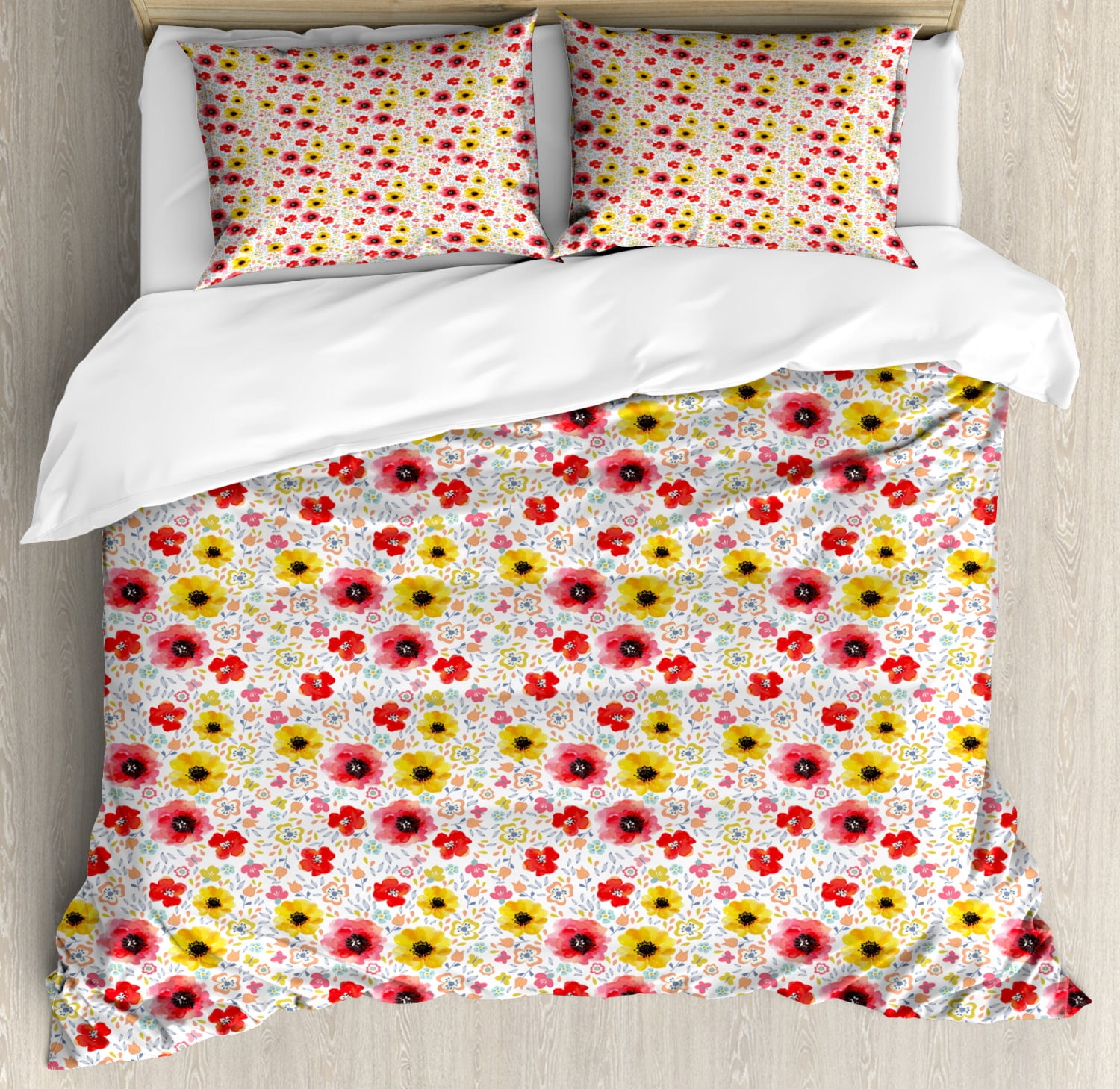 Watercolor Flowers Queen Size Duvet Cover Set, Springtime Poppy with ...