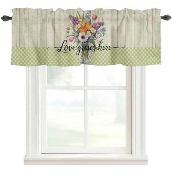 Watercolor Flowers Rod Pocket Curtain Valance, Spring Floral Sage Green ...