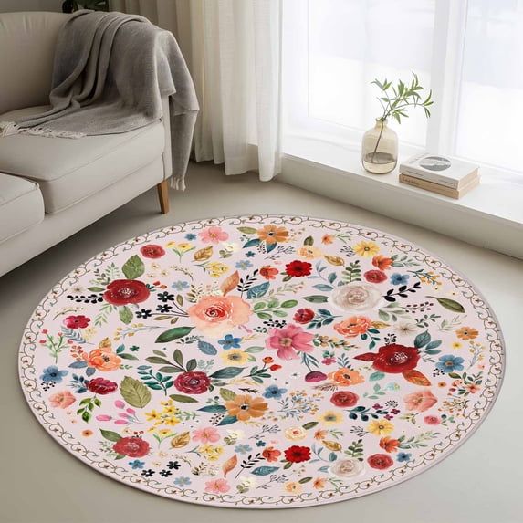 Watercolor Flowers Round Rug 4ft Washable Circle Entryway Rugs Non Slip ...