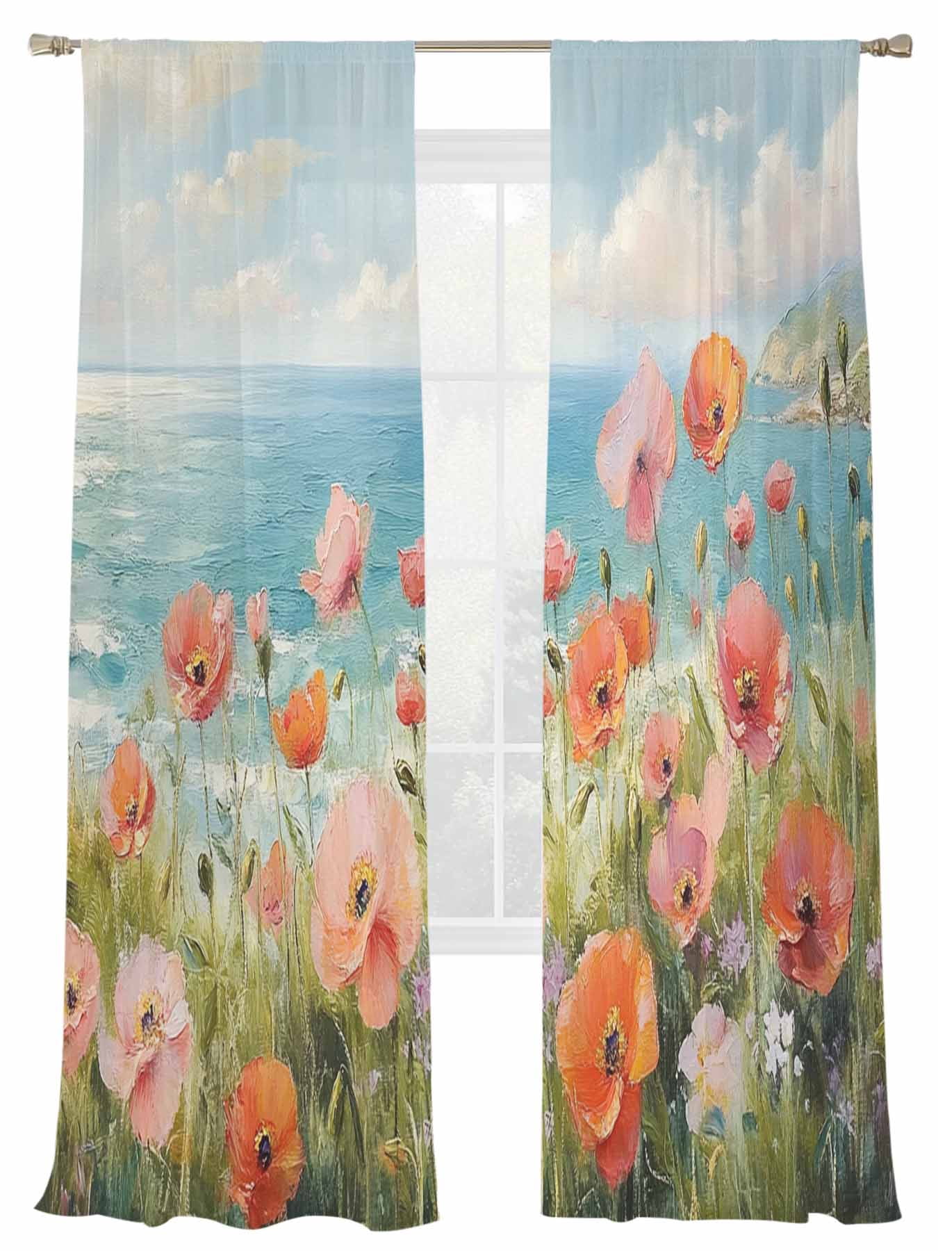 Watercolor Flowers Sheer Curtains 2 Panels Set White Orange Concubine ...