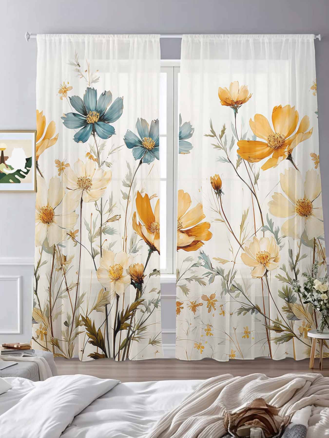 Watercolor Flowers Sheer Curtains 96 inches Long 2 Panels Set Floral ...