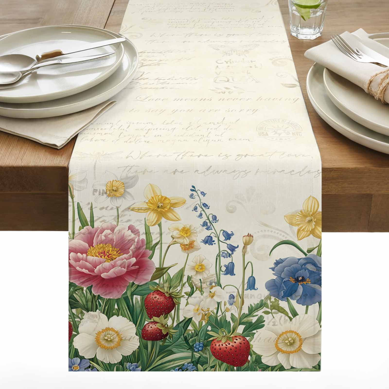 Watercolor Flowers Strawberry Cotton Linen Table Runner Yellow Blue ...