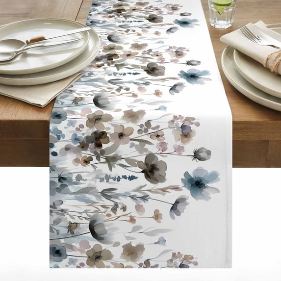 Watercolor Flowers Table Runner 13x36 inch Leaves Cotton Linen Dining ...