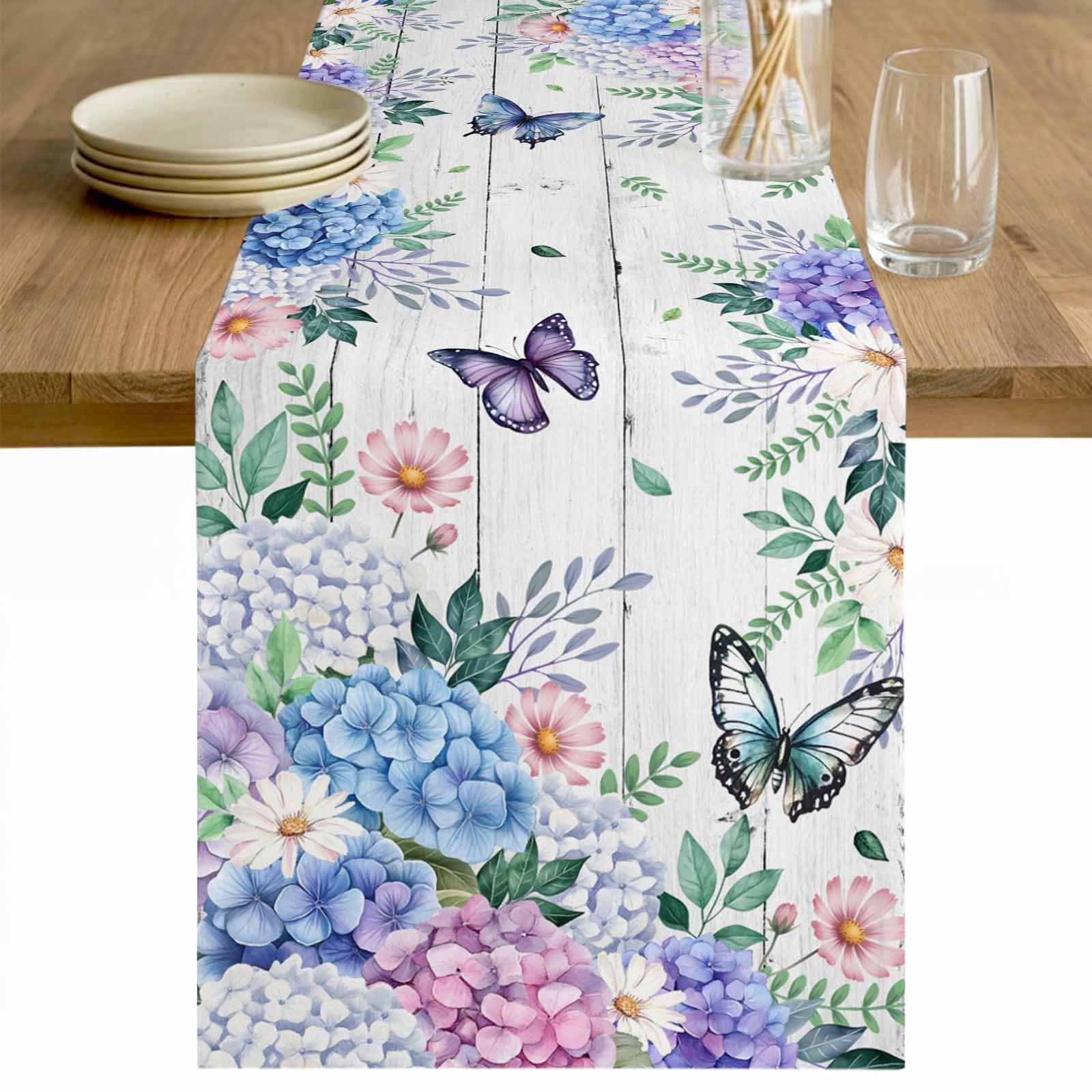 Watercolor Flowers Table Runner - 60 Inch Long Spring Butterflies ...