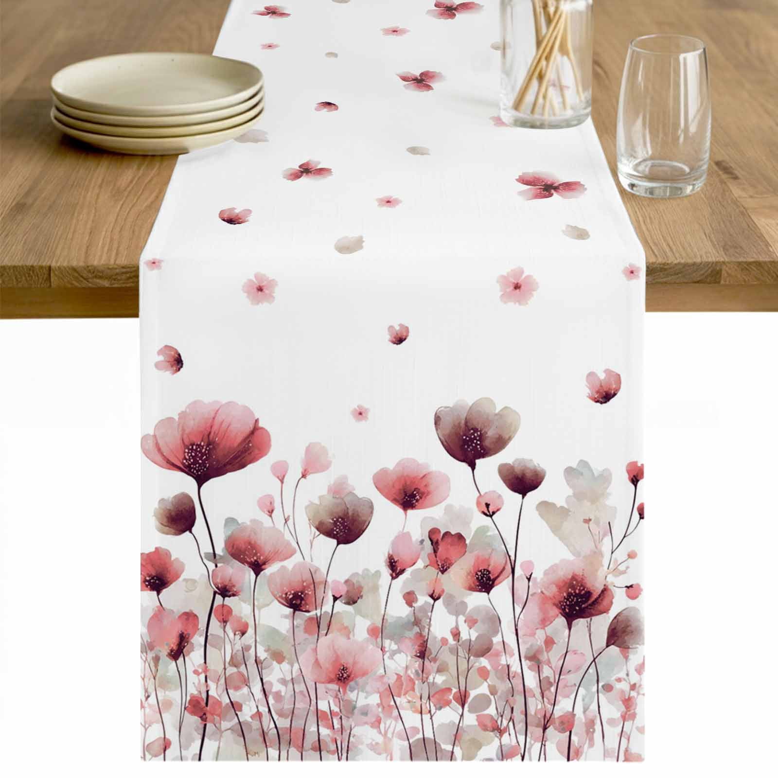 Watercolor Flowers Table Runner - 72 Inch Long Spring Pink Ink Floral ...