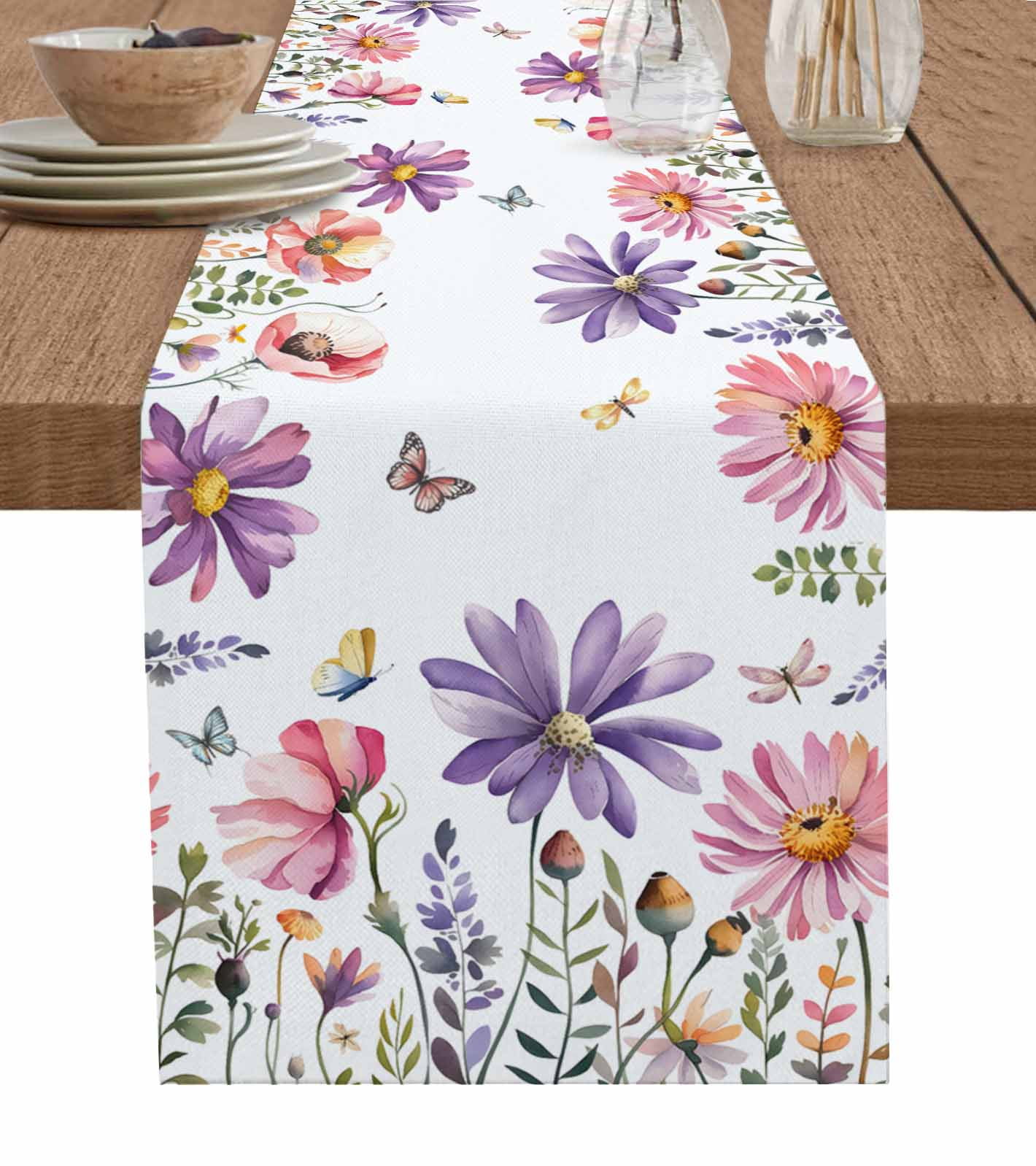 Watercolor Flowers Table Runner 72 Inches, Botanical Floral Herb ...