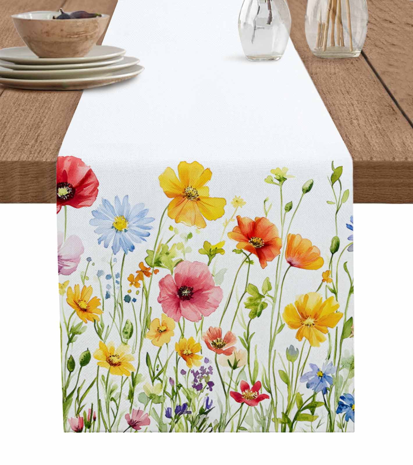 Watercolor Flowers Table Runner 72 Inches, Daisy Purple Orange Blue ...