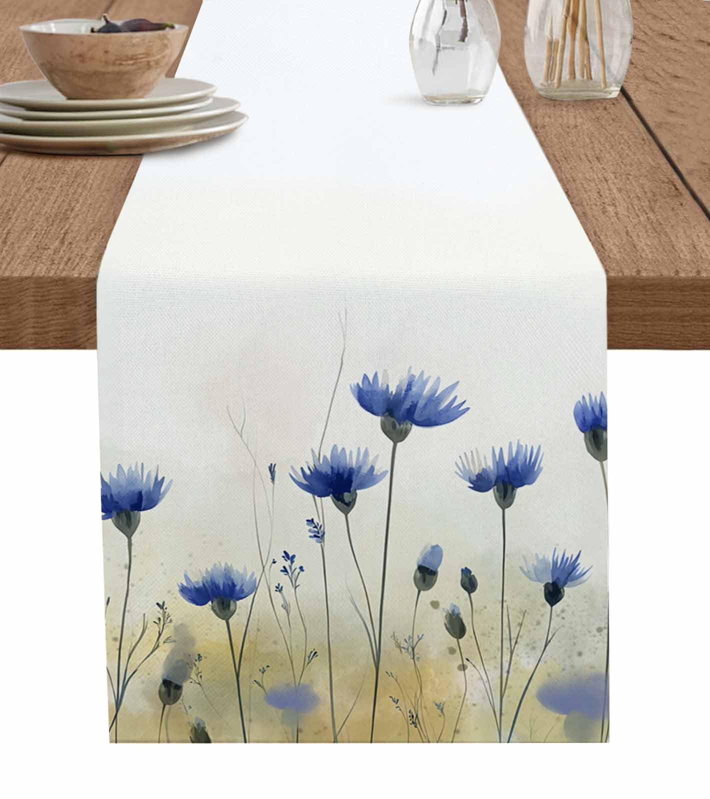 Watercolor Flowers Table Runner Farmhouse Pastoral Blue White Floral ...