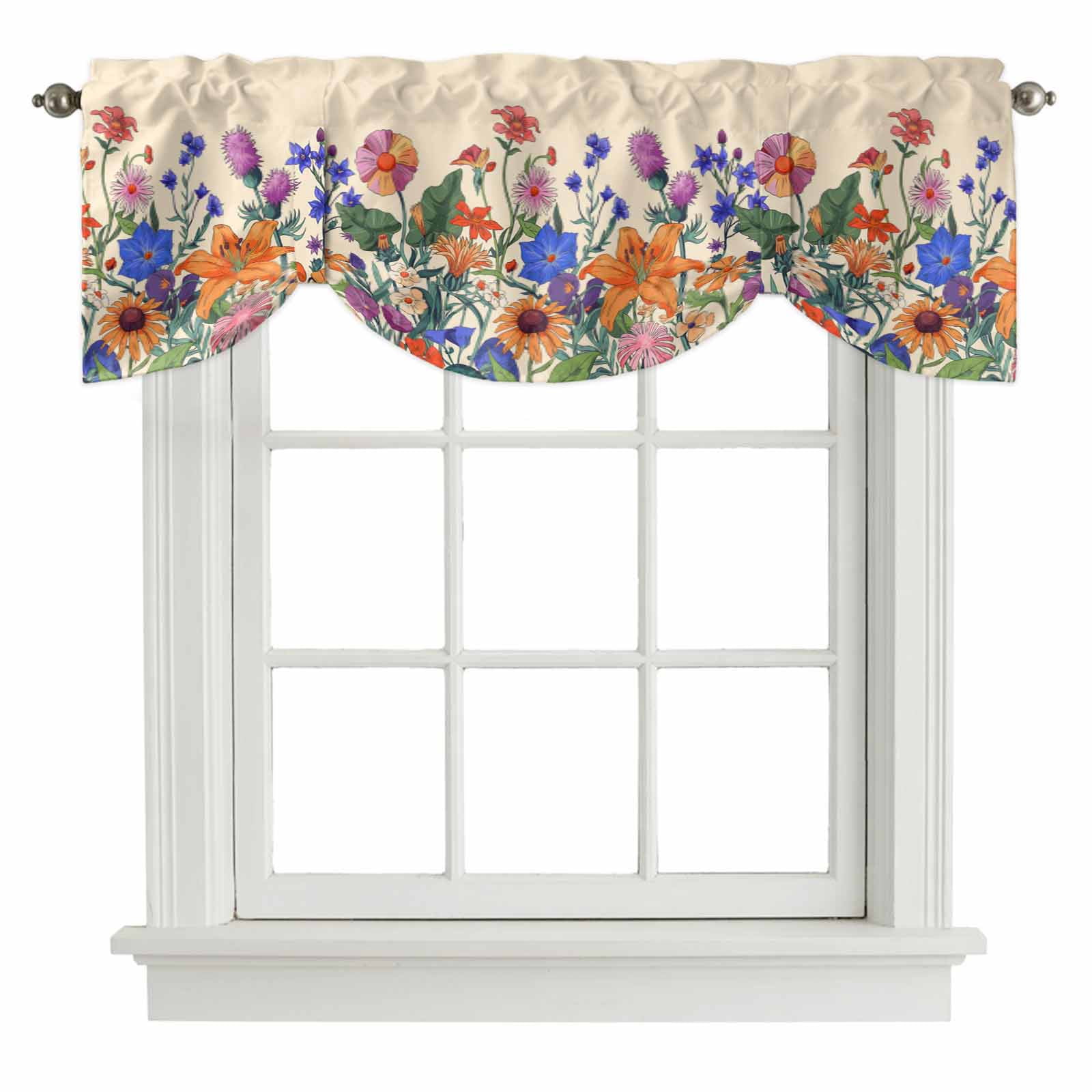 Watercolor Flowers Tie Up Valances Curtain, Plant Farmhouse Yellow ...