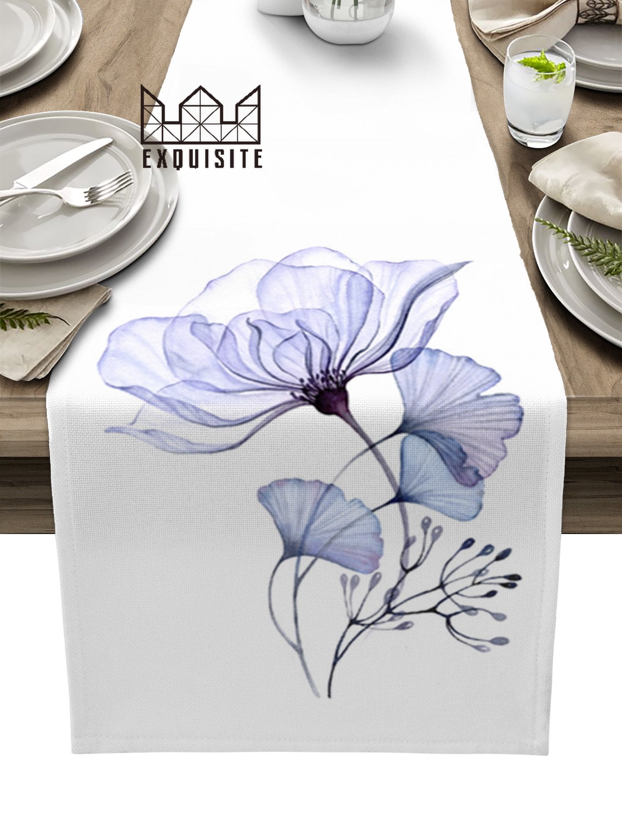 Watercolor Flowers Transparent Blue Table Runner ration Home r Dinner ...