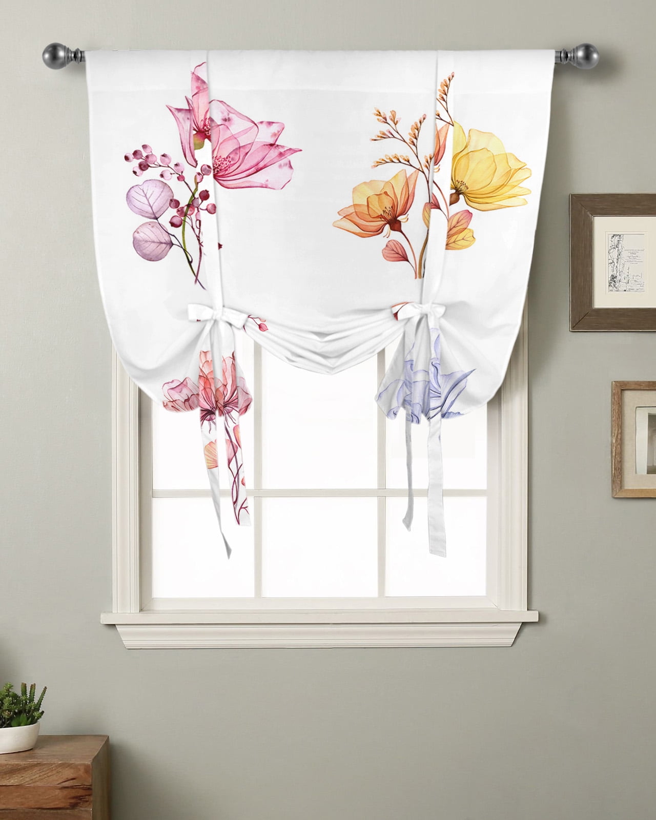 Watercolor Flowers Transparent Texture Kitchen Short Window Curtain ...