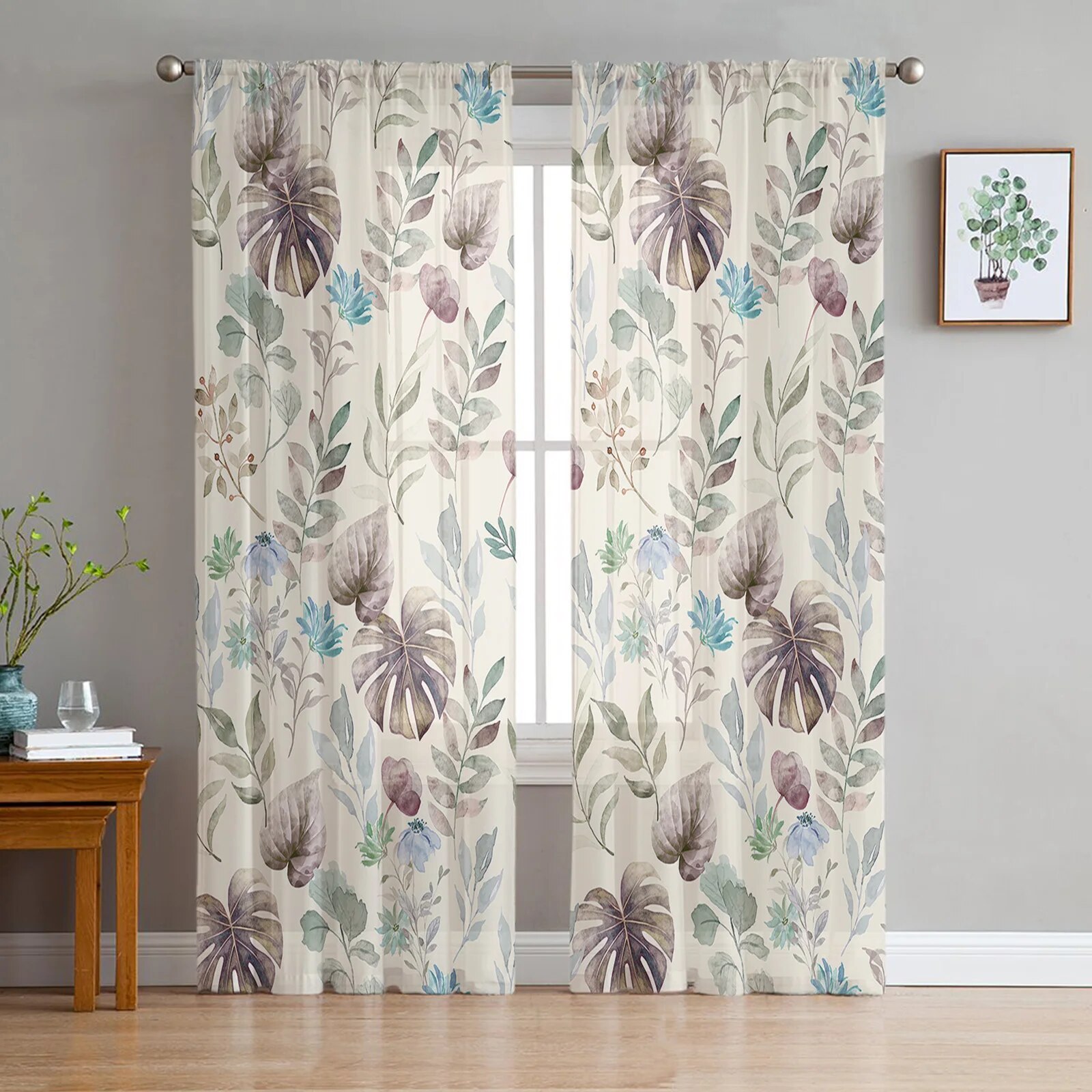 Watercolor Flowers Tropical Plants Leaves Voile Curtains for Bedroom ...