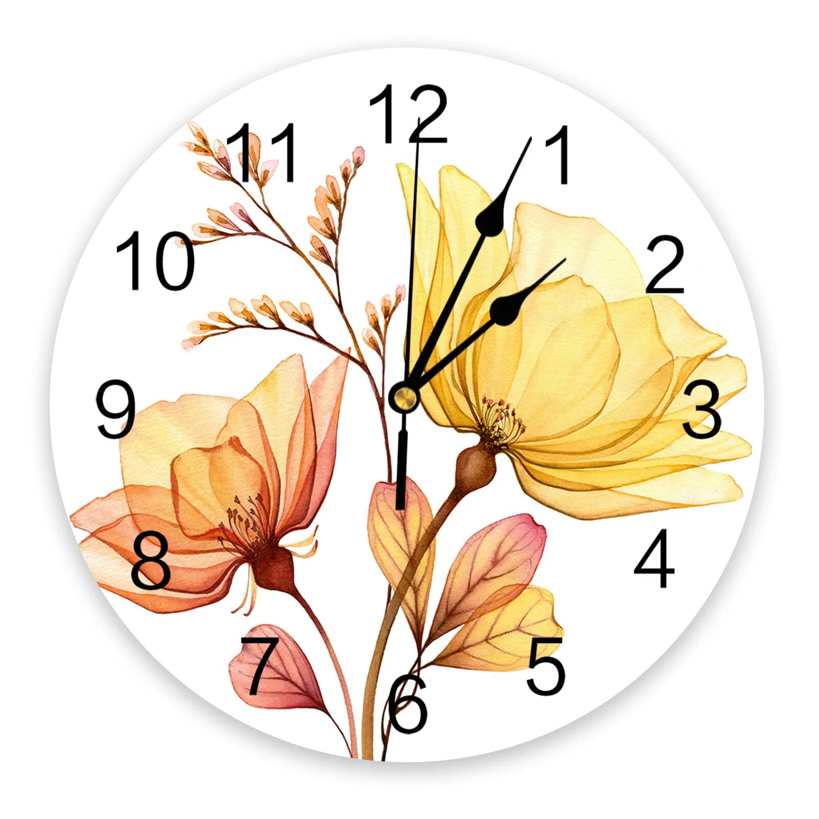Watercolor Flowers Yellow Clocks Wall Home Decor Modern Kitchen Room ...