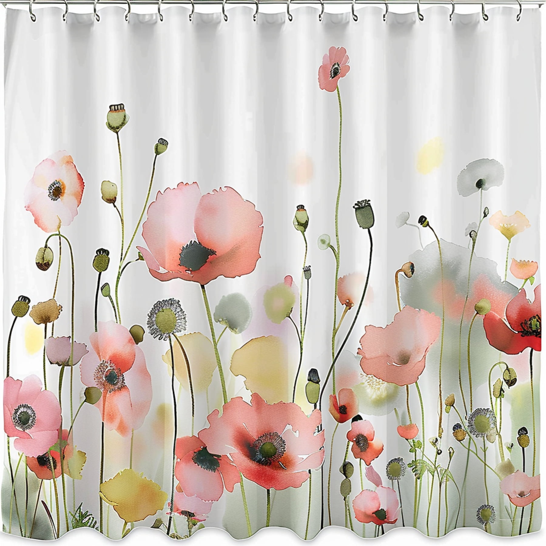 Watercolor Flowers And Poppies Shower Curtain With Silver Grommets