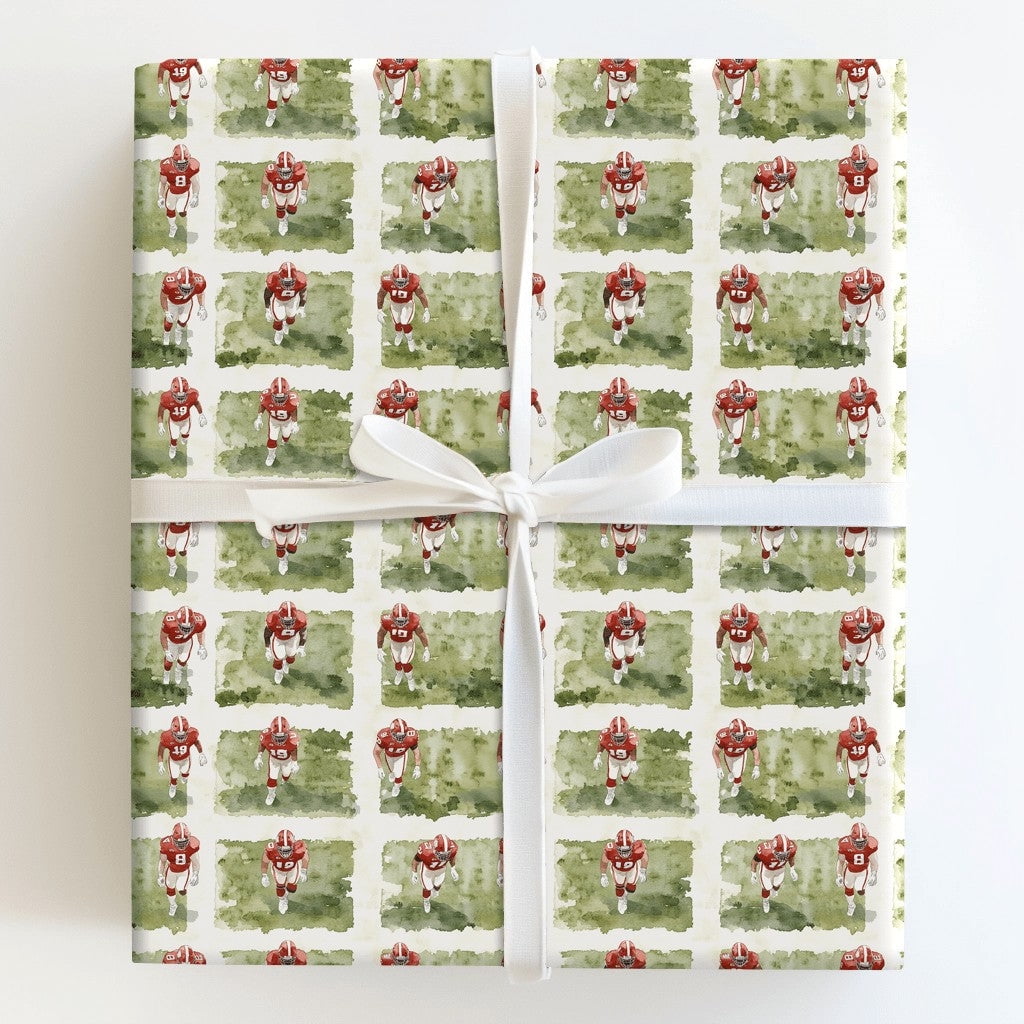 Watercolor Football Players in Red Uniforms Grid Pattern Gift Wrapping ...