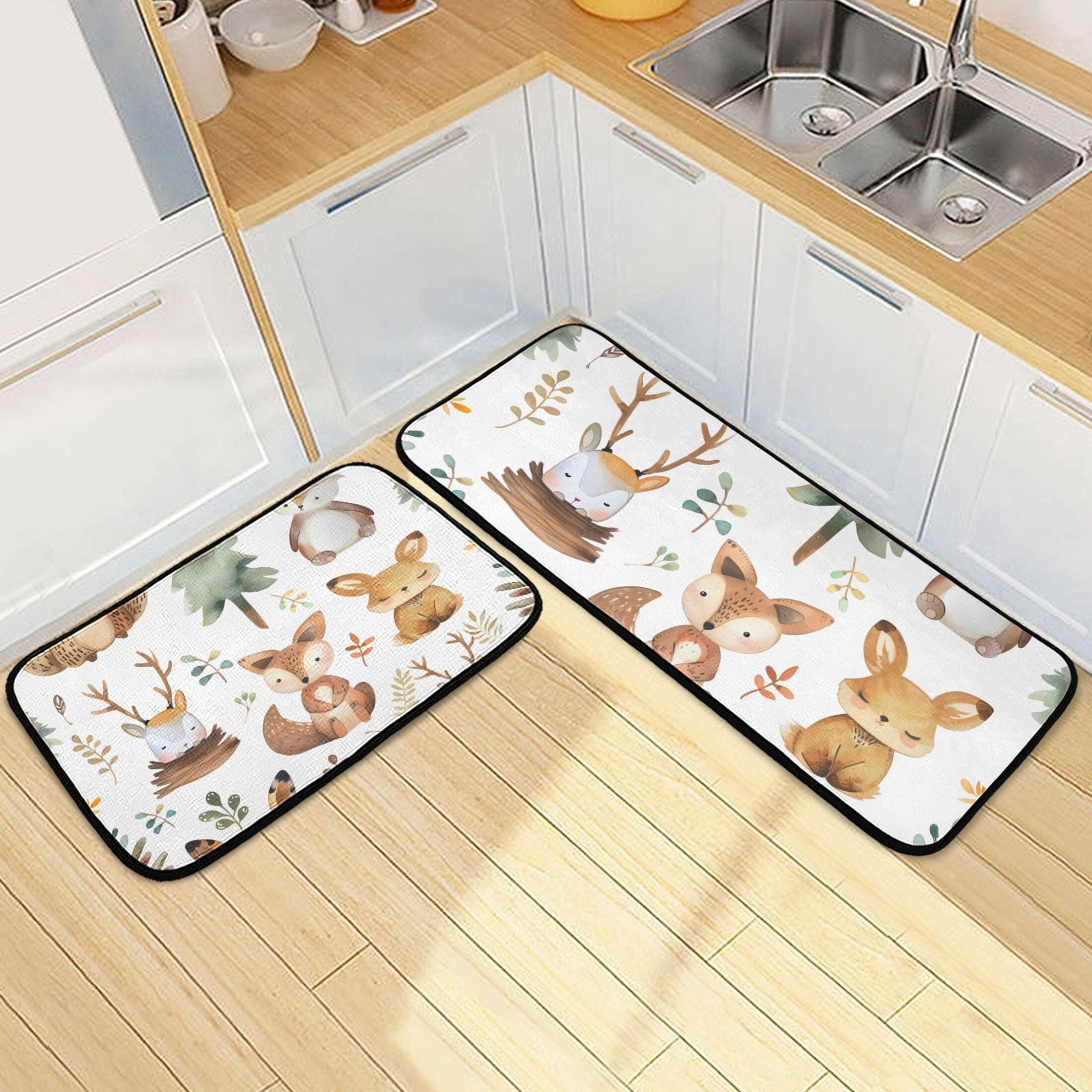 Watercolor Fox Forest Kitchen Rugs Set of 2 Non Slip Floor Foam Mat ...