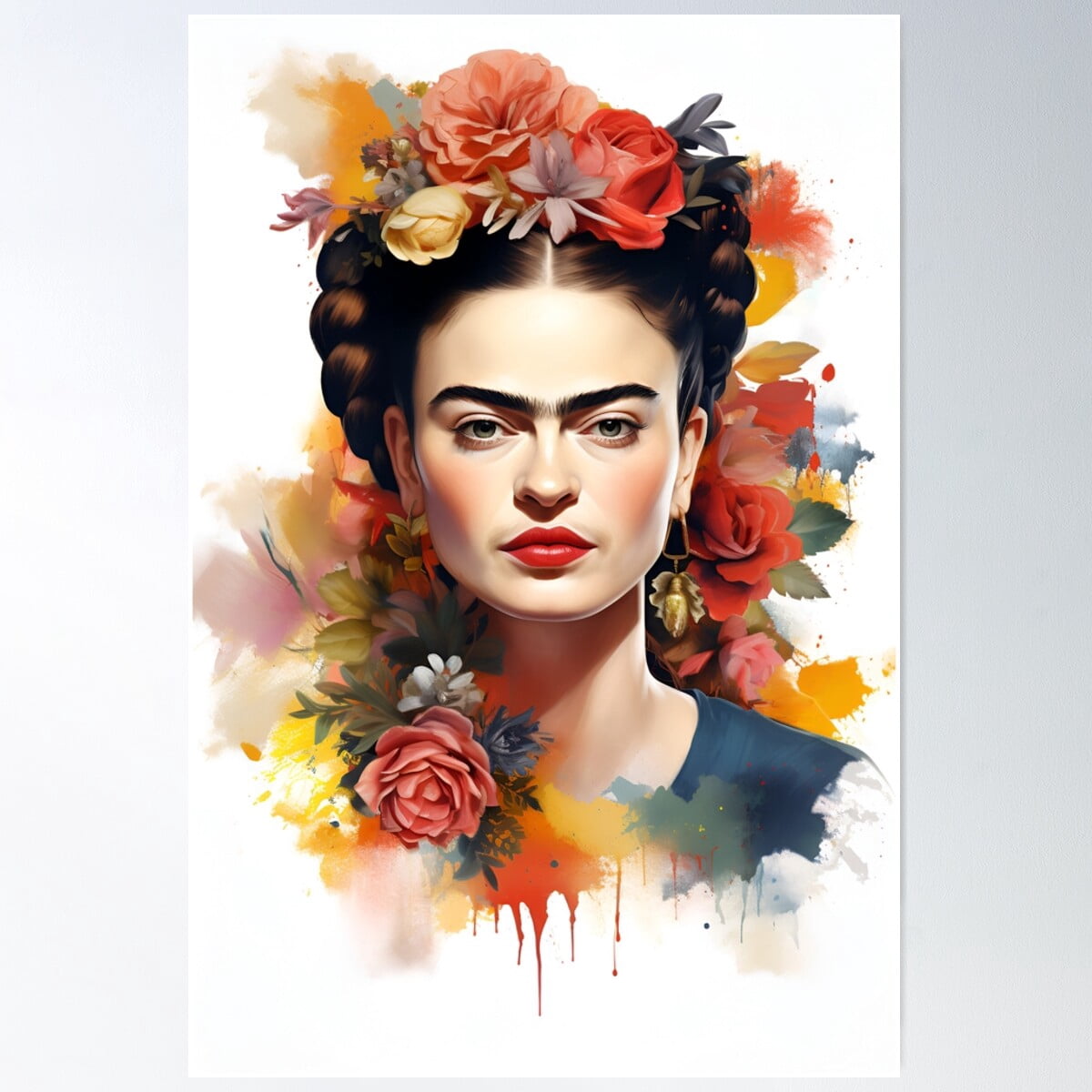 Watercolor Frida Kahlo Self-Portrait Pop-Art Floral Poster Wall Art ...
