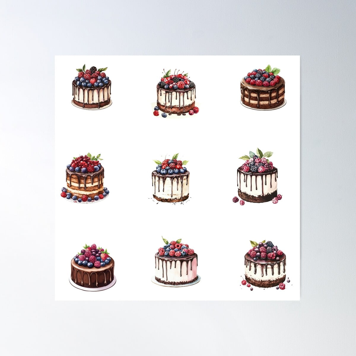 Watercolor Fruit Cakes Poster Wall Art, Modern Wall Decor For Living ...